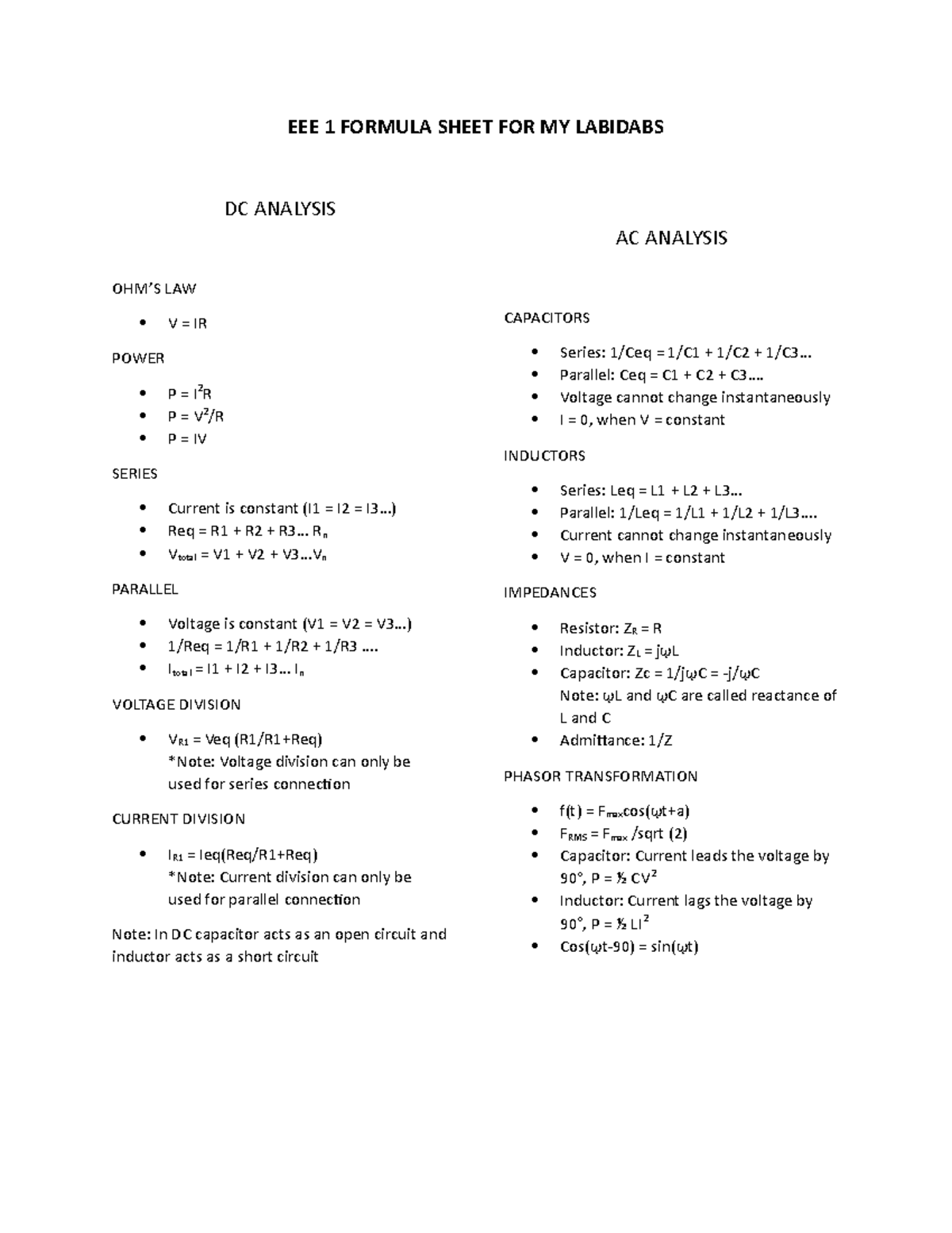 EEE 1 Formula Sheet FOR MY Labidabs - EEE 1 FORMULA SHEET FOR MY ...