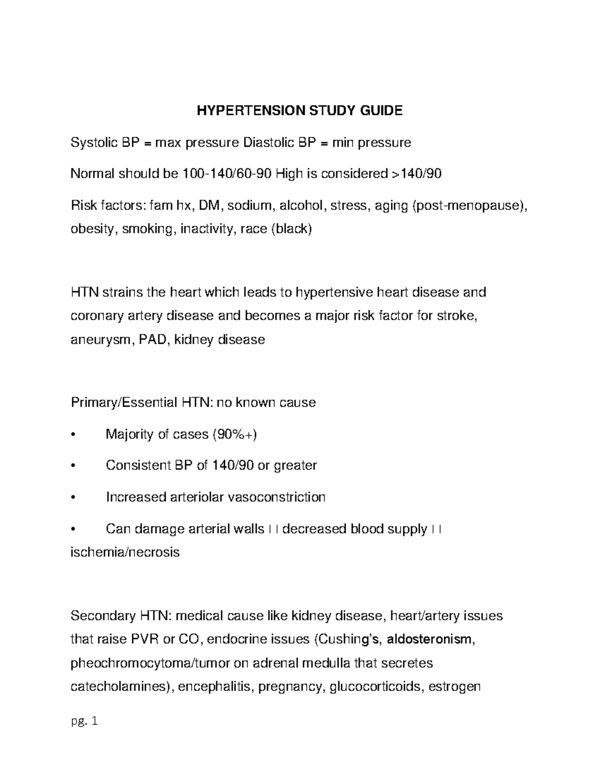 Hypertension Study Guide - HYPERTENSION STUDY GUIDE Systolic BP = max ...