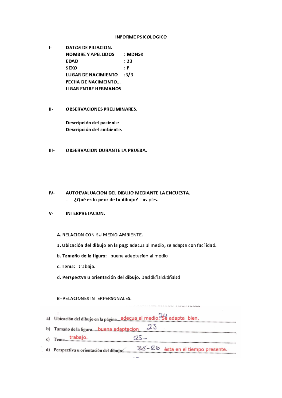 Modelo DE Informe Psicologico machover - INFORME PSICOLOGICO I- DATOS DE FILIACION. NOMBRE Y ...