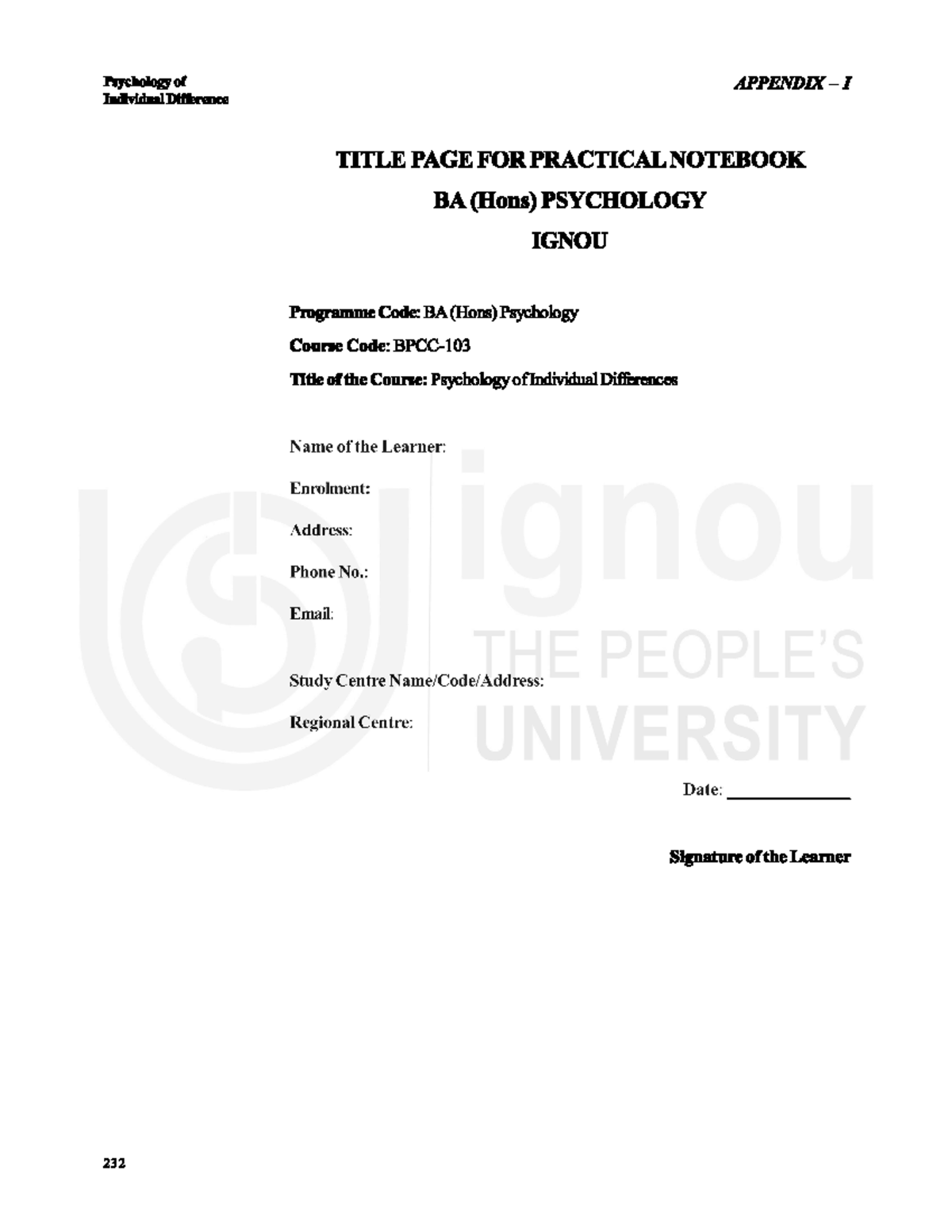 BPCC 103 Parctical Appendix - Psychology of APPENDIX I Individual ...