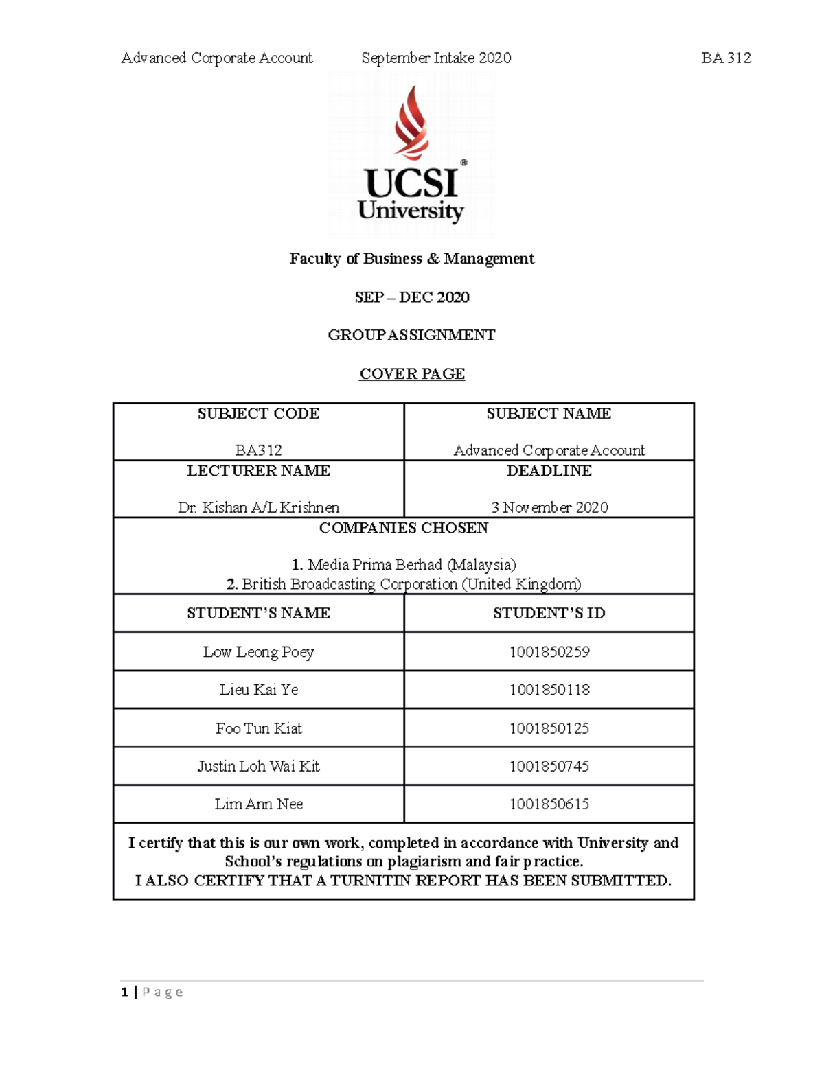 ACA Group Assignment - Faculty of Business & Management SEP – DEC 2020 ...