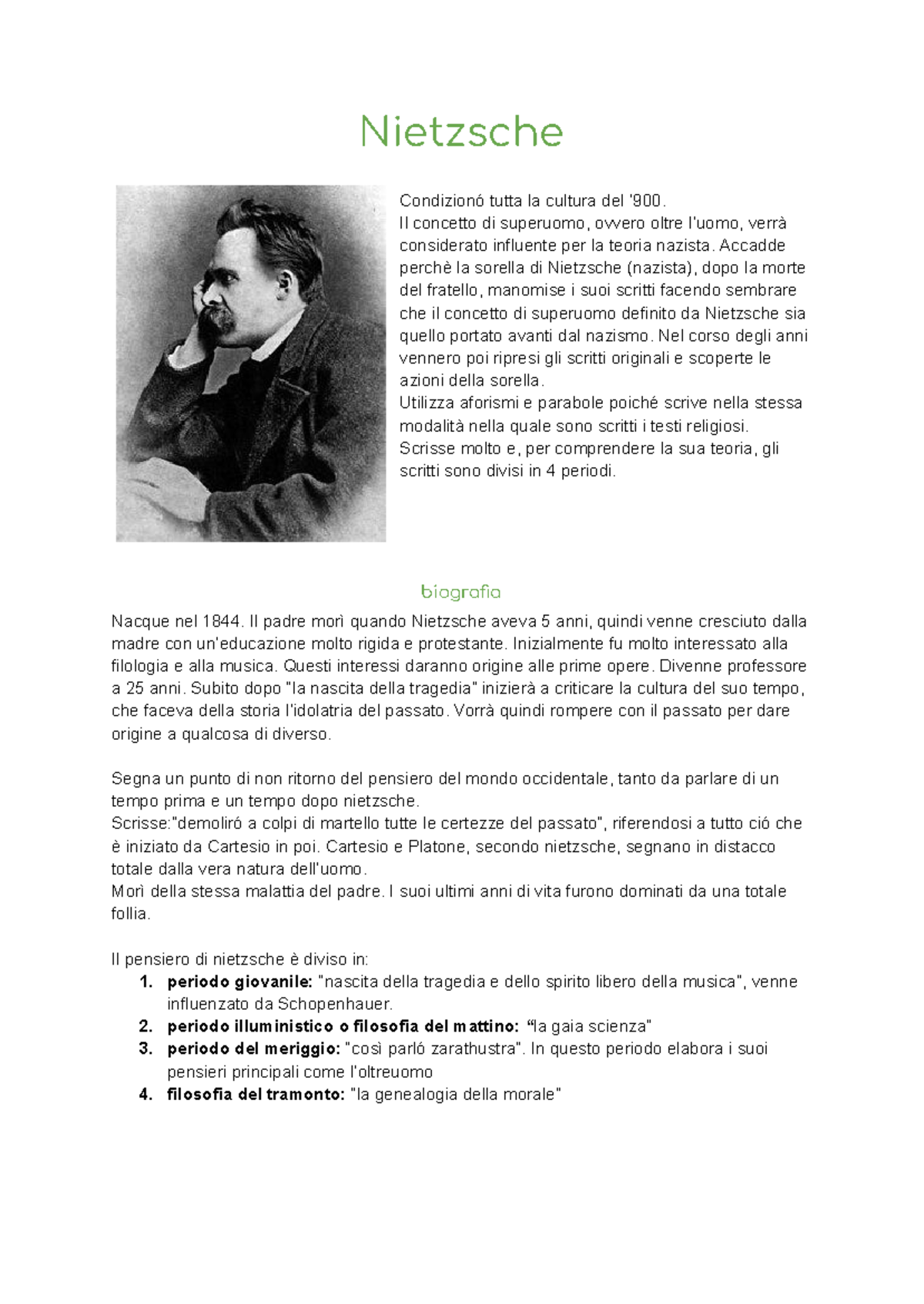 Nietzsche - appunti - Nietzsche Condizionó tutta la cultura del ‘900. Il concetto di superuomo ...