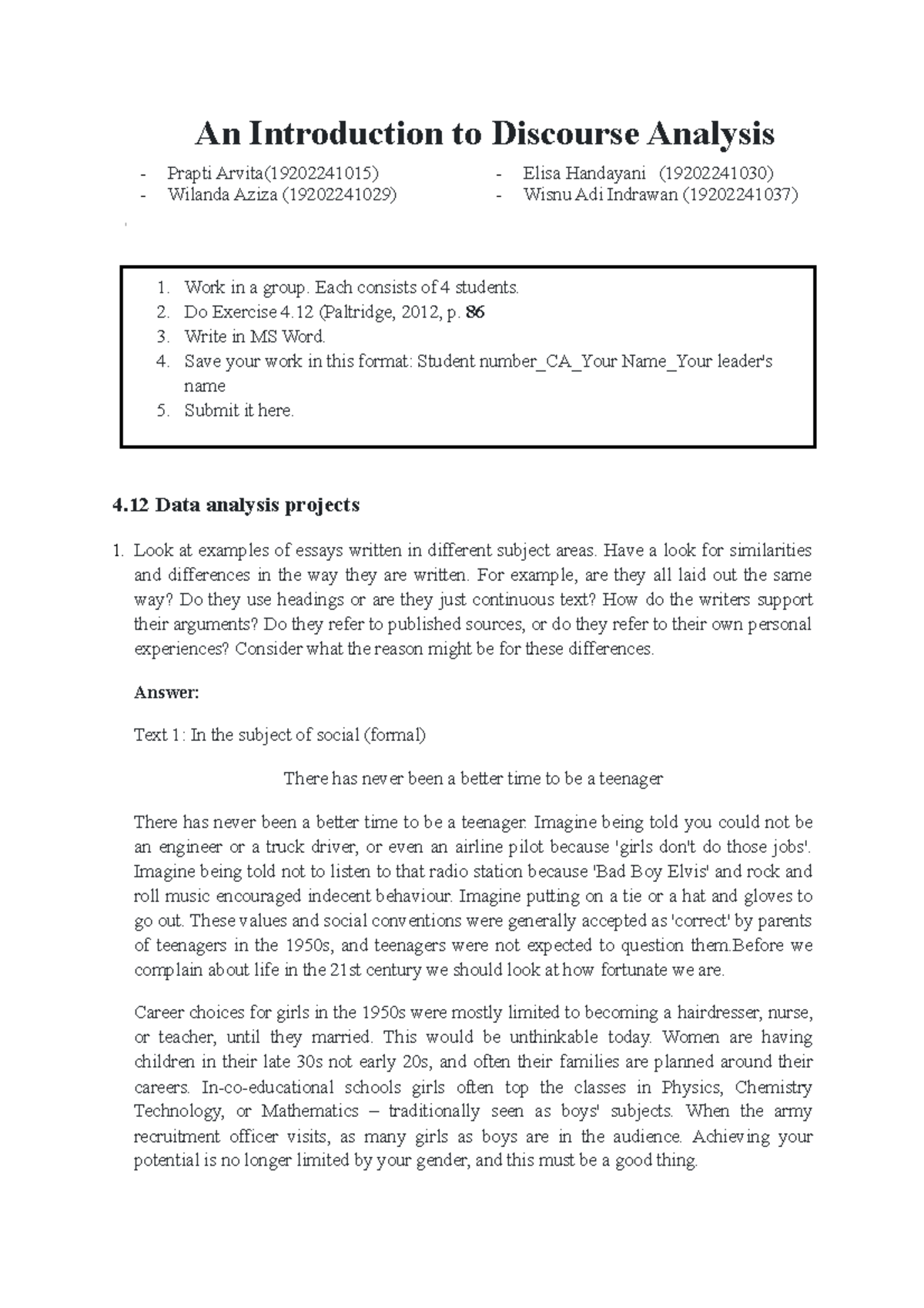 Task in Paltridge - An Introduction to Discourse Analysis Prapti Arvita ...