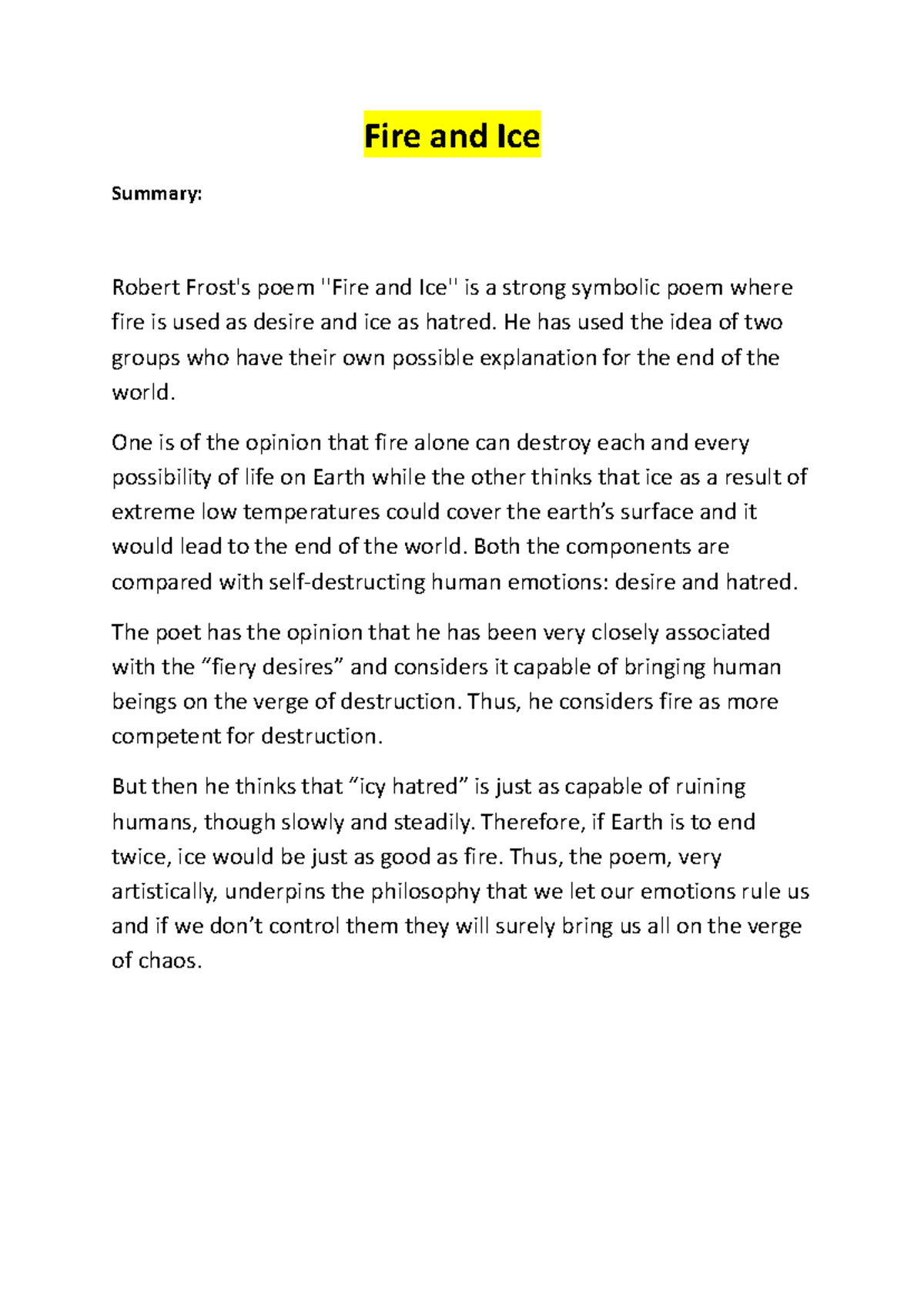 Fire and Ice Summary - nothing much - Fire and Ice Summary: Robert ...