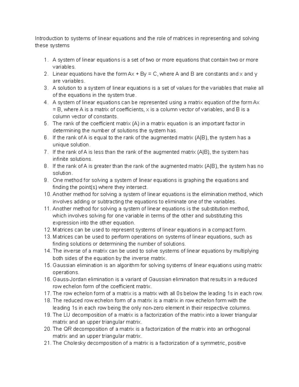Introduction to systems of linear equations and the role of matrices in ...