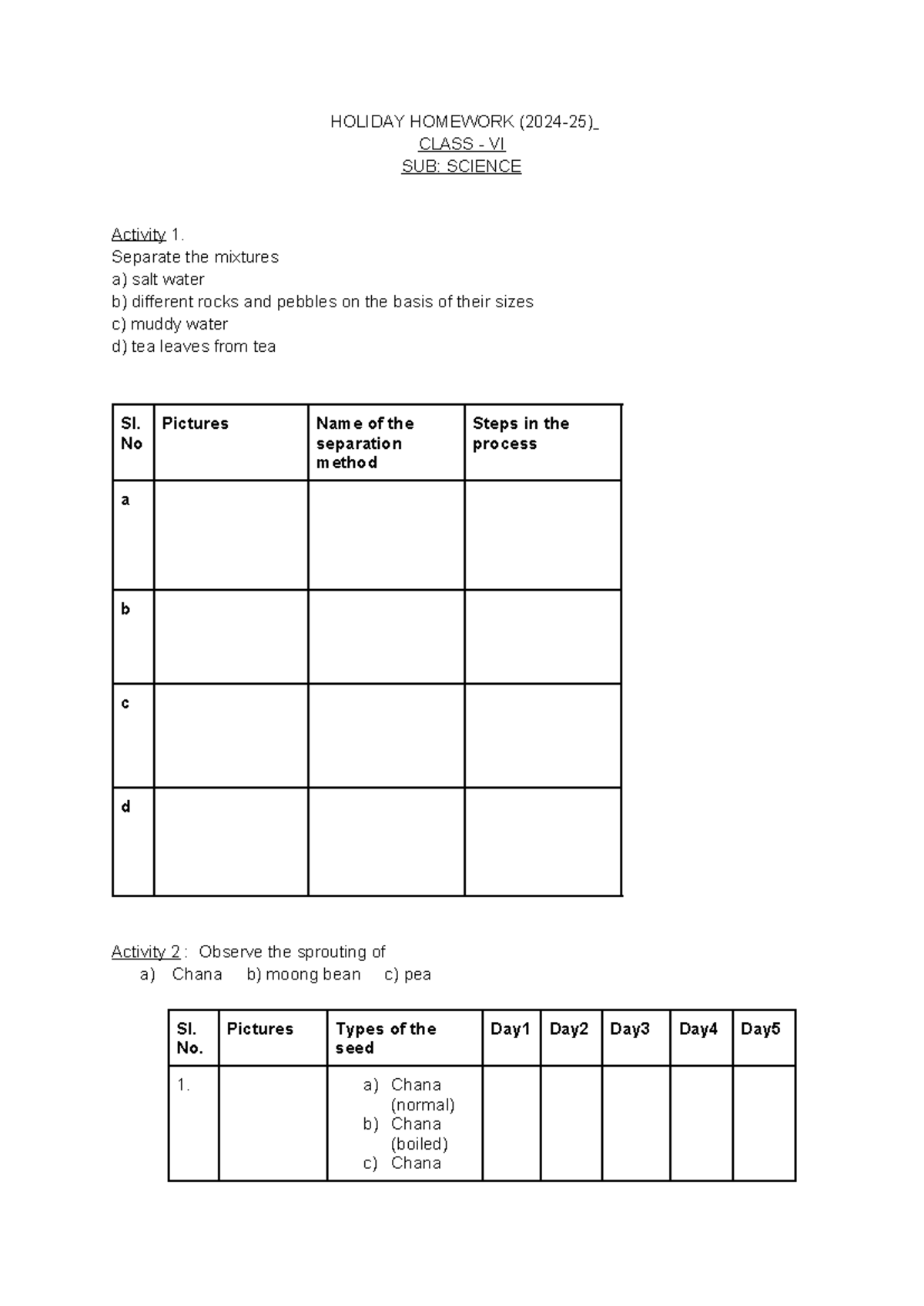 Holiday homework (VI) - maths - HOLIDAY HOMEWORK (2024-25) CLASS - VI ...
