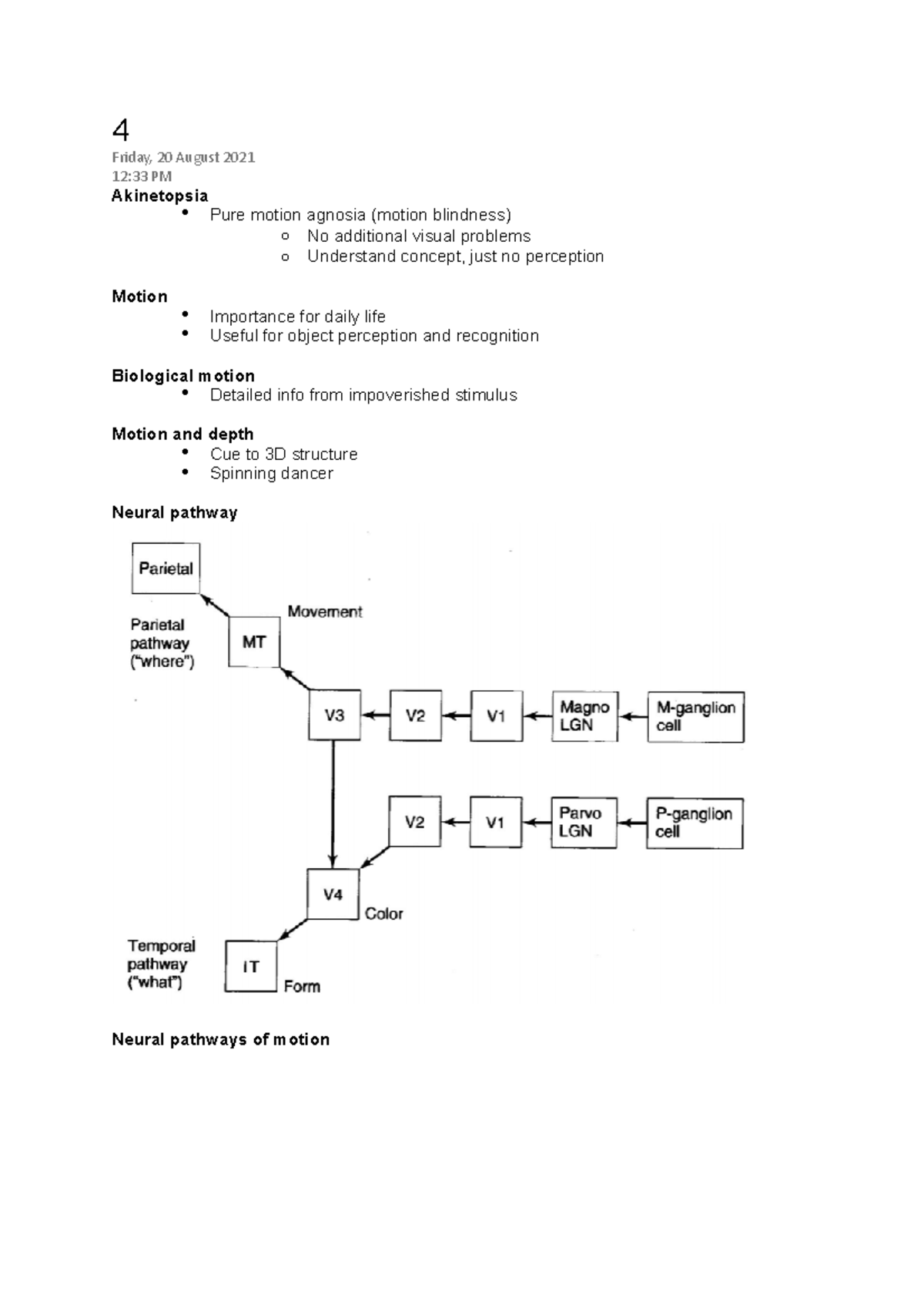 PSY297- Notes 4 - 4 Friday, 20 August 2021 12:33 PM Akinetopsia Pure ...
