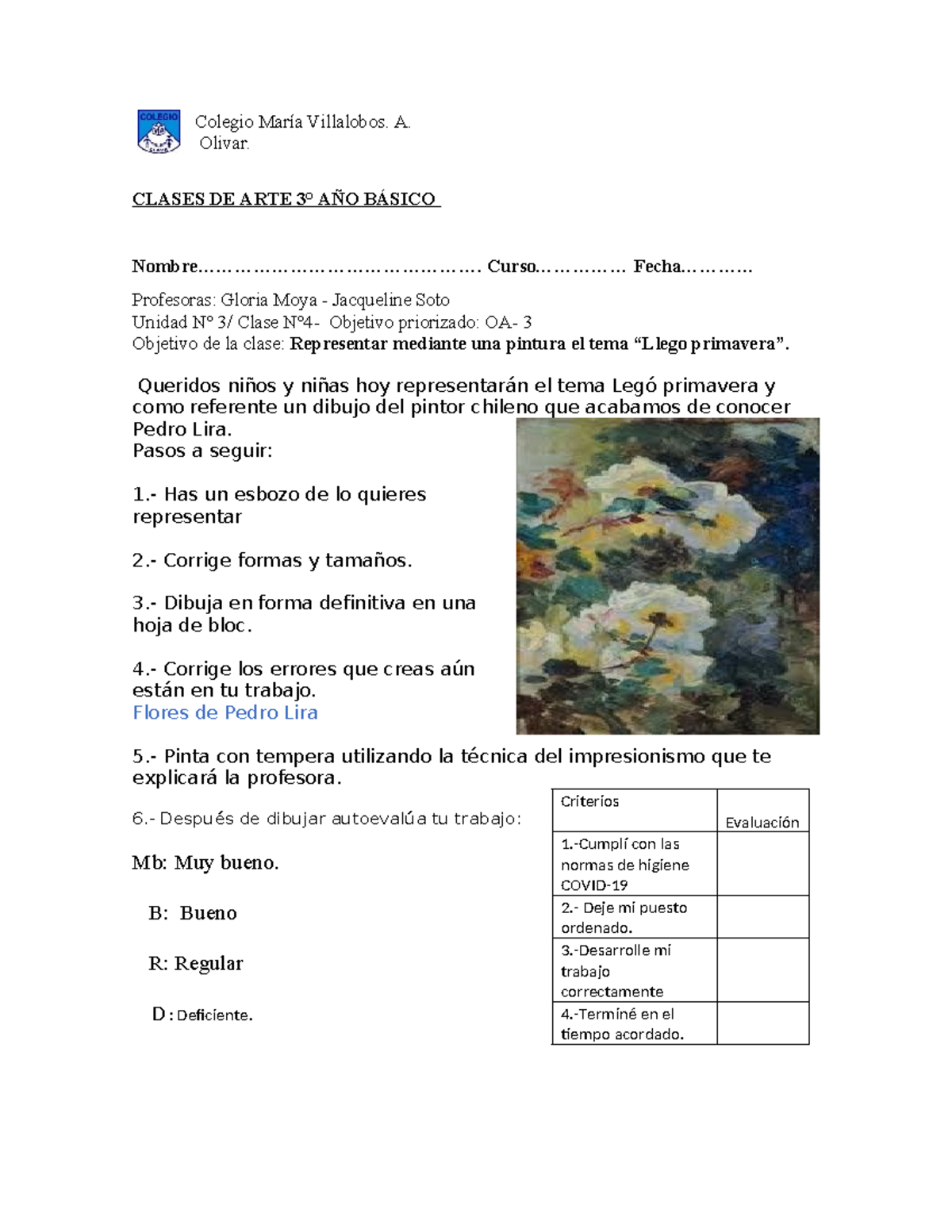 Clase N° 4 Arte tercer año - Colegio María Villalobos. A. Olivar ...