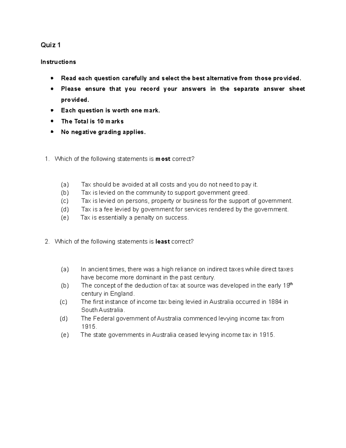 Sample Quiz 1 - Quiz 1 Instructions Read each question carefully and ...
