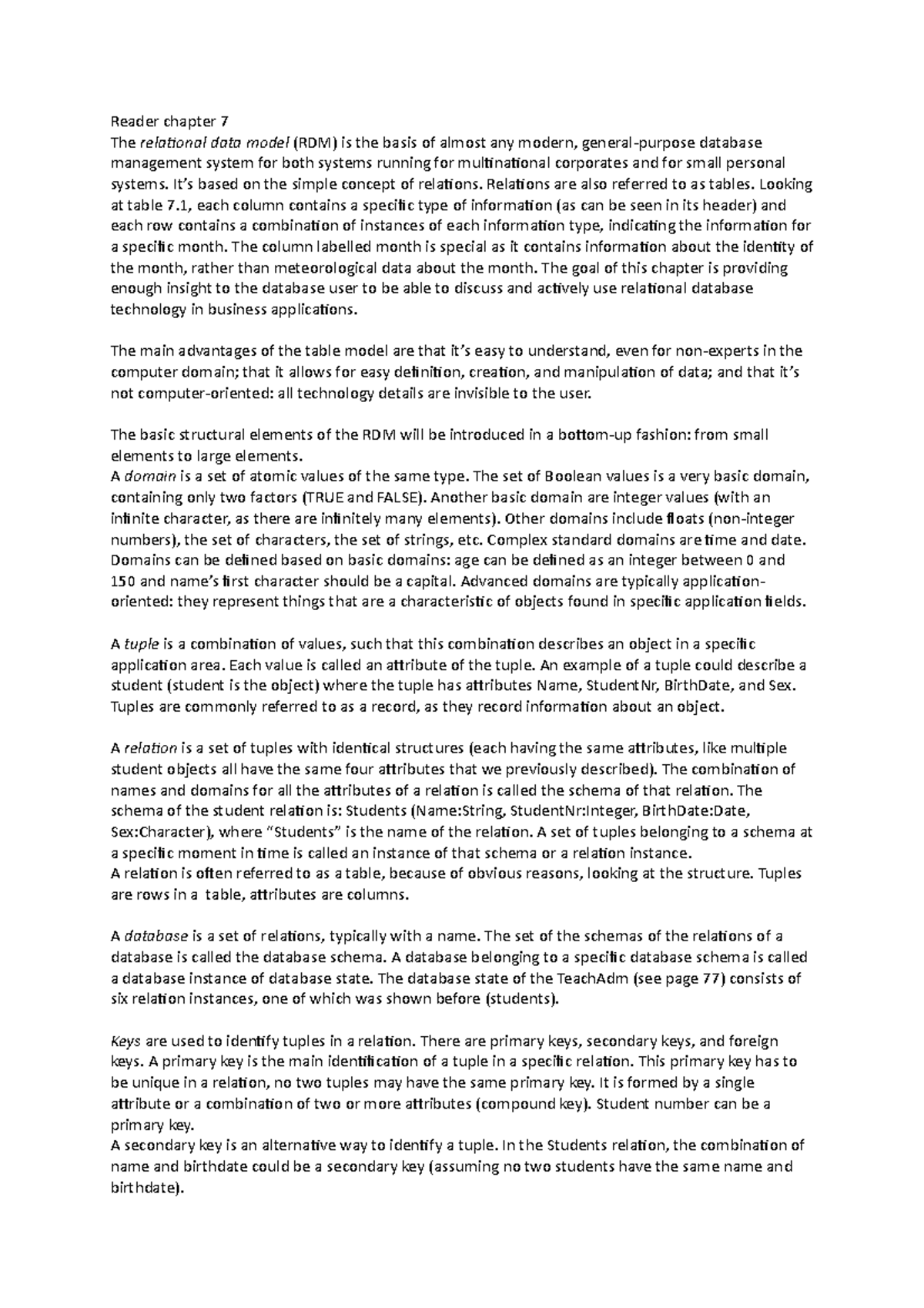 1BV00 Reader Chapter 7 summarised - Reader chapter 7 The relational ...
