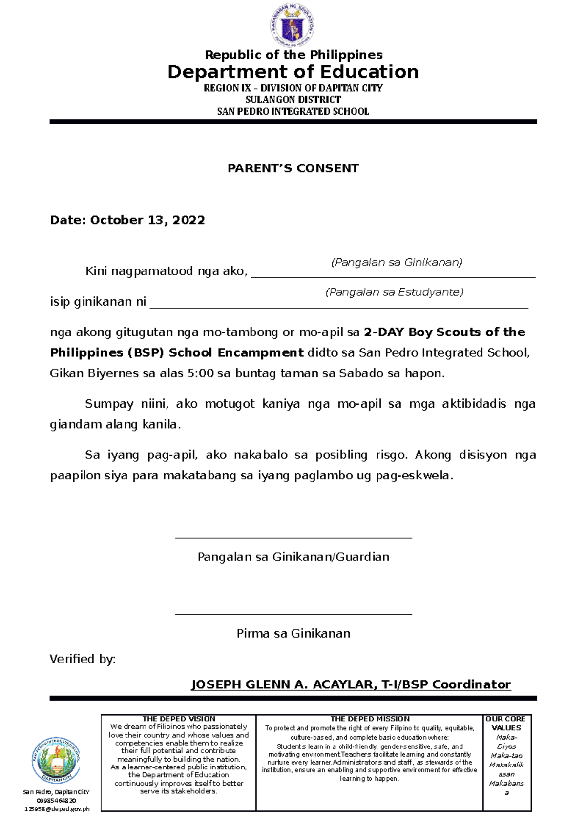 Parents Consent Miting DE Avance - Republic of the Philippines ...