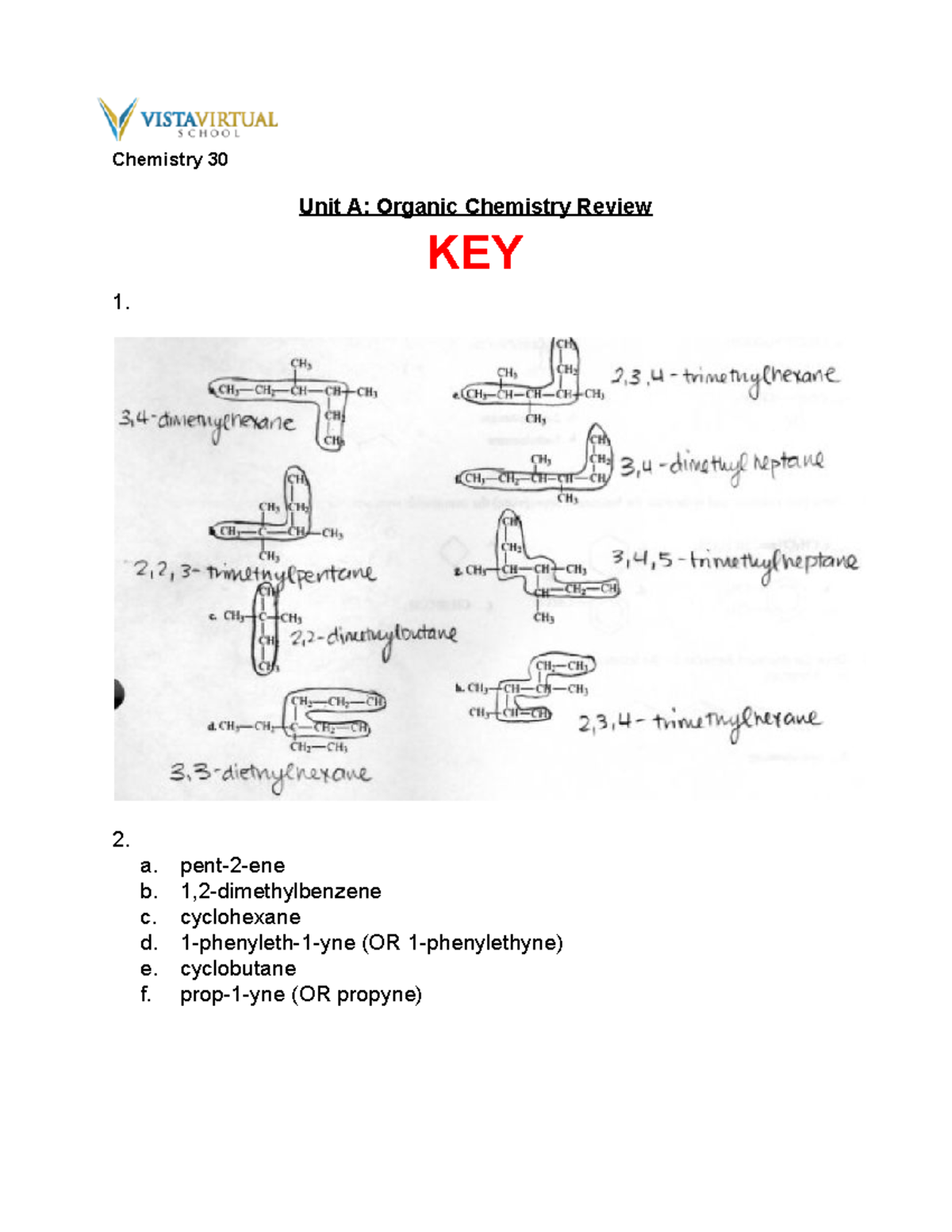 Unit A - Organic Chemistry Review KEY (1) - Chemistry 30 Unit A ...
