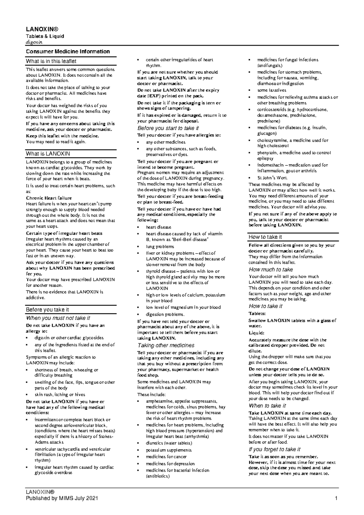 Digoxin - cmi - LANOXIN® Tablets & Liquid digoxin Consumer Medicine ...