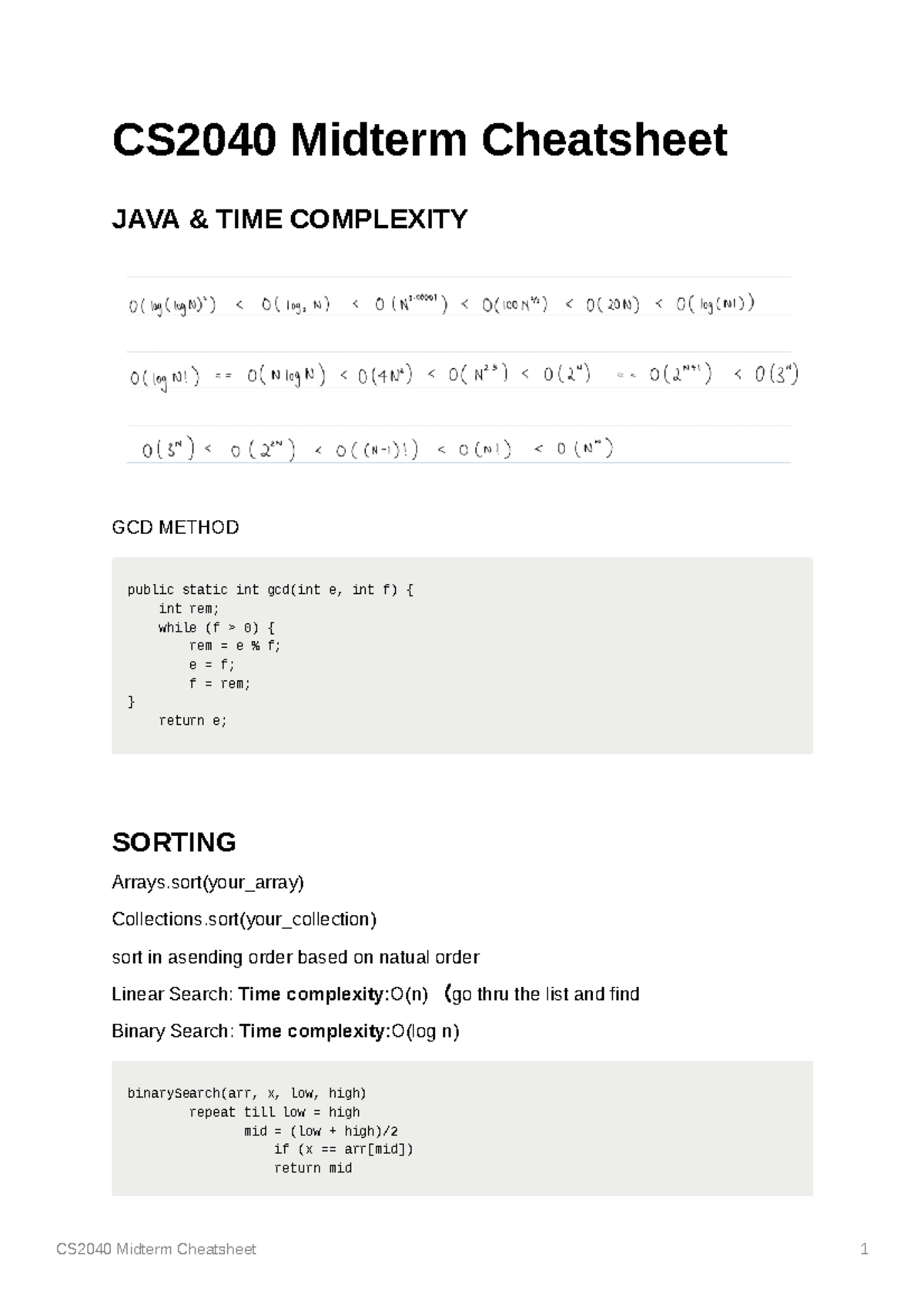 CS2040 Midterm Cheatsheet - ] and a[mid+1.] // into one sorted sub-array a[i.] int[] temp = new ...