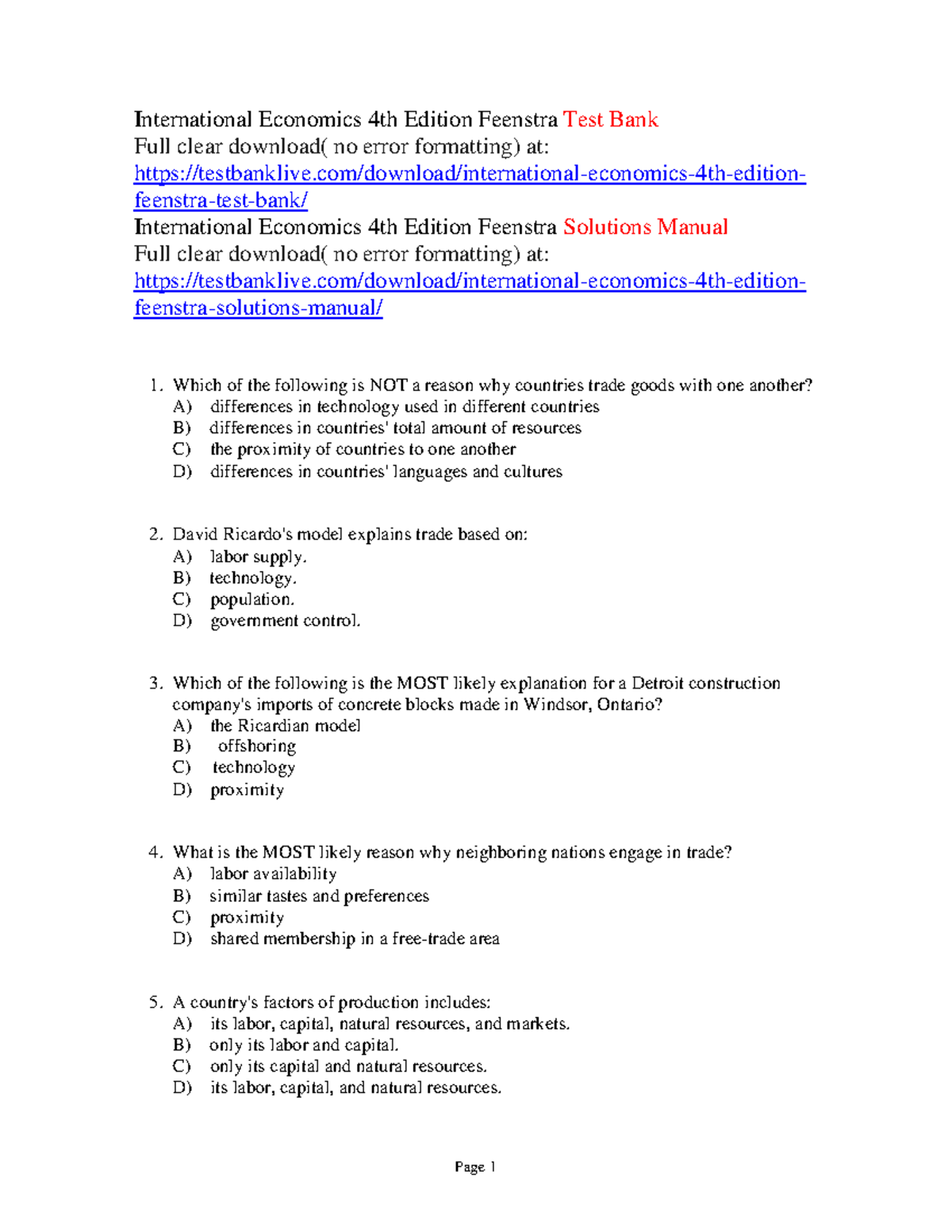 374474611 International Economics 4th Edition Feenstra Test Bank ...