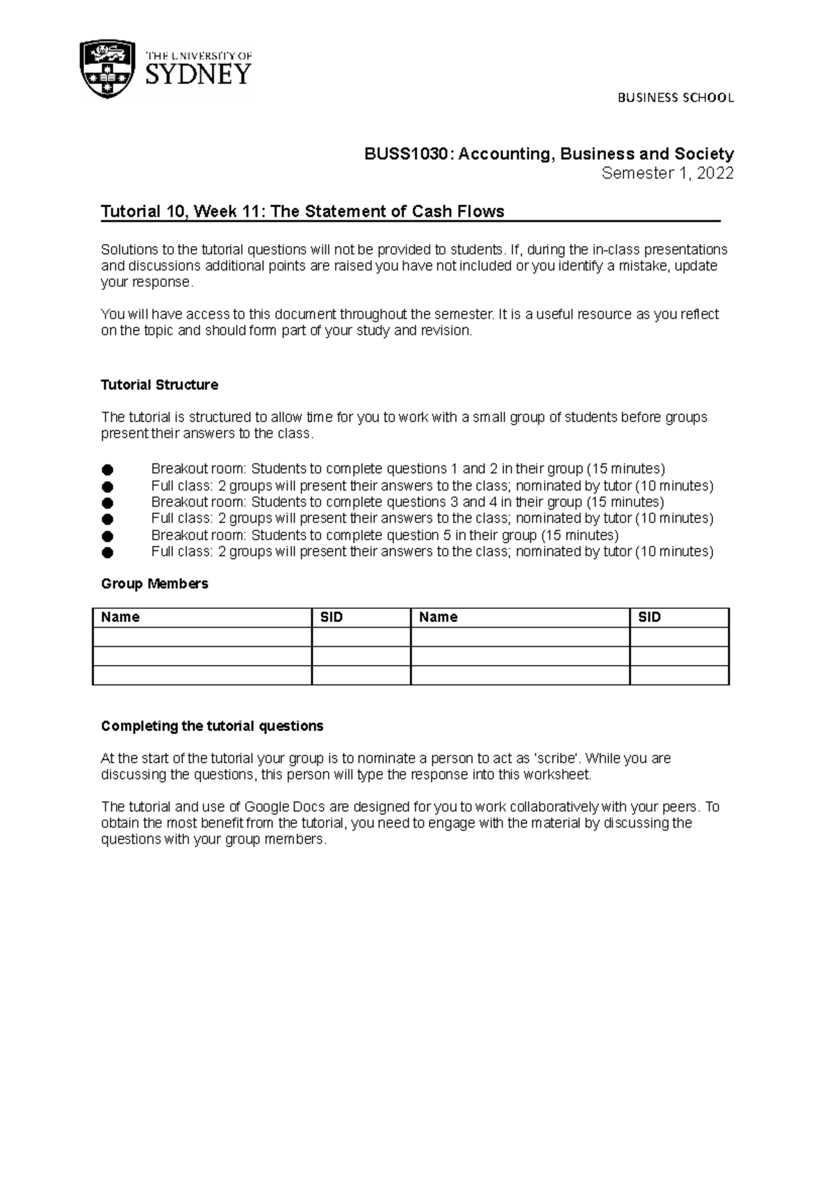 Tutorial 10 Week 11 - BUSINESS SCHOOL BUSS1030: Accounting, Business ...