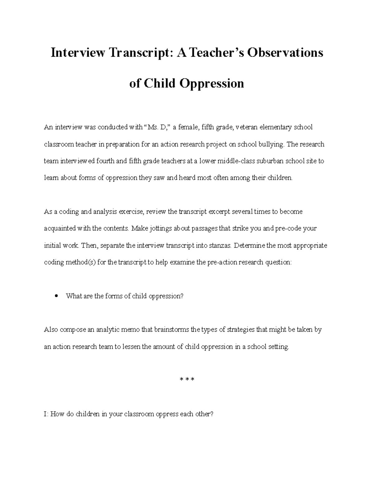 Sample interview transcript - ms d - Interview Transcript: A Teacher’s ...