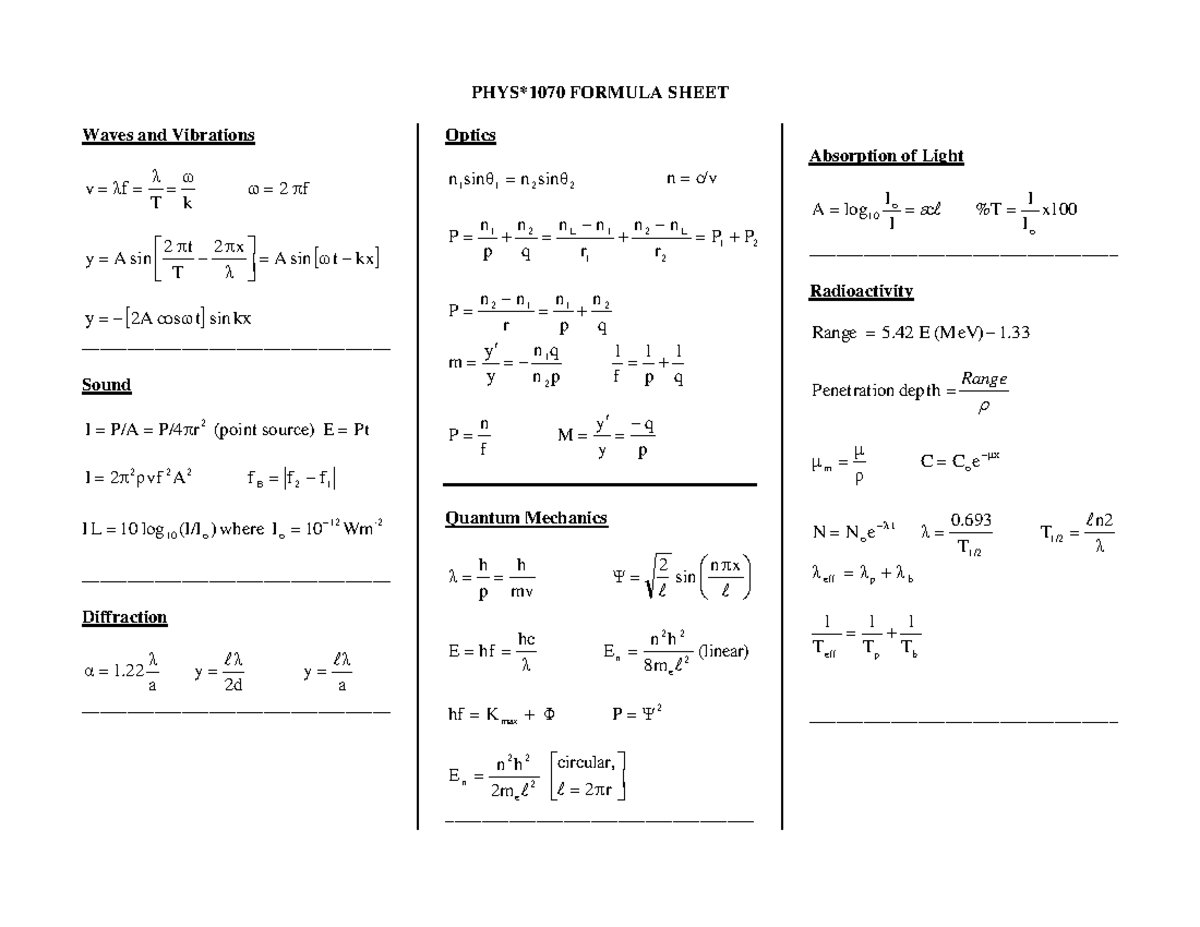 F'14 1070Formula Sheet - PHYS*1070 FORMULA SHEET Waves and Vibrations k ...