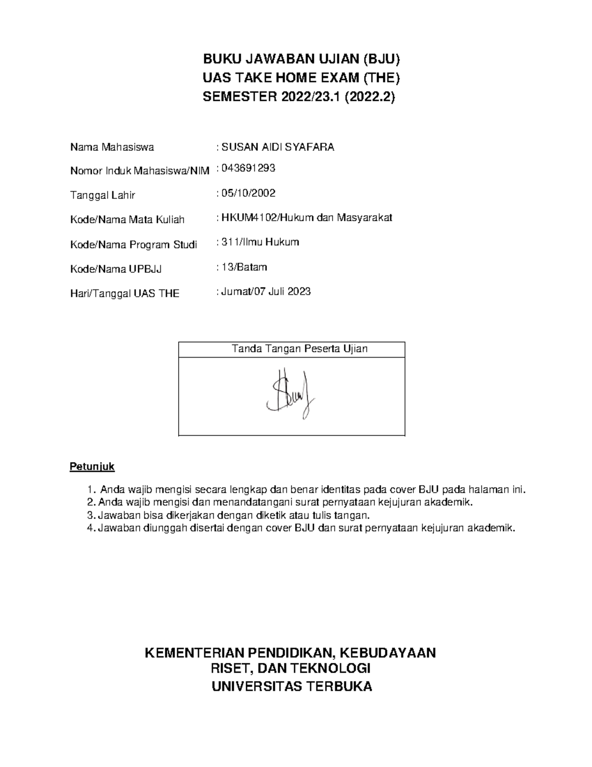 043691293 HKUM4102 the 1 - Tanda Tangan Peserta Ujian BUKU JAWABAN UJIAN (BJU) UAS TAKE HOME ...