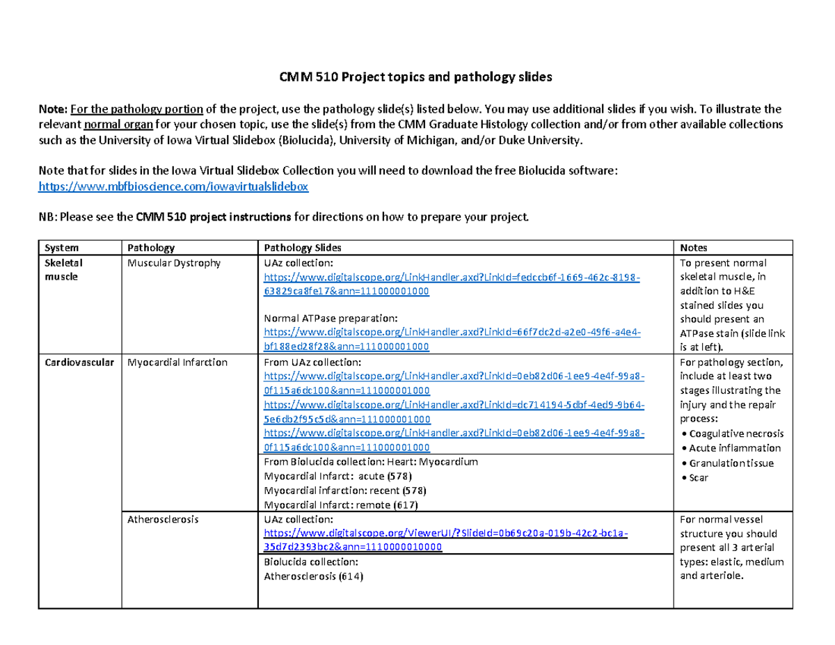 CMM 510 Project topics and pathology slides 1 - CMM 510 Project topics ...