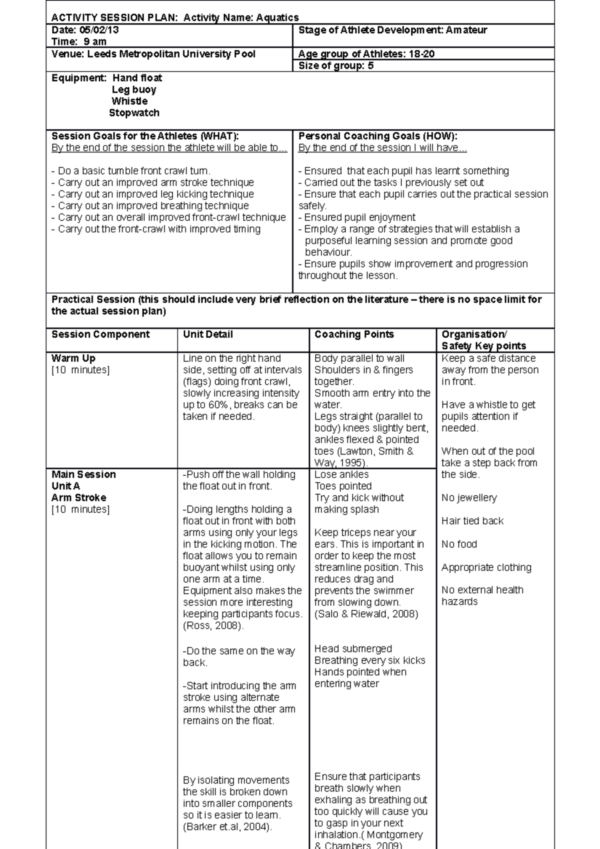 Week 1 Front Crawl ACTIVITY SESSION PLAN Activity Name Aquatics