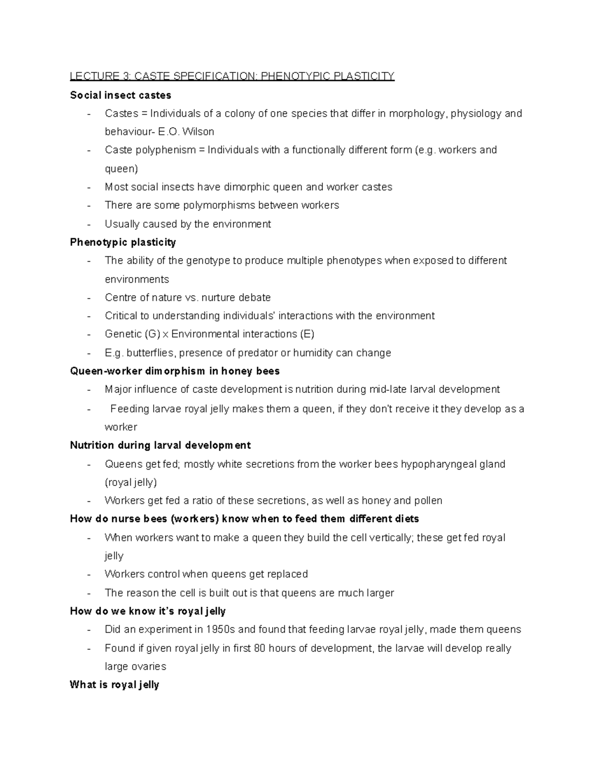Lecture 3 Social Insect Biology - LECTURE 3: CASTE SPECIFICATION ...