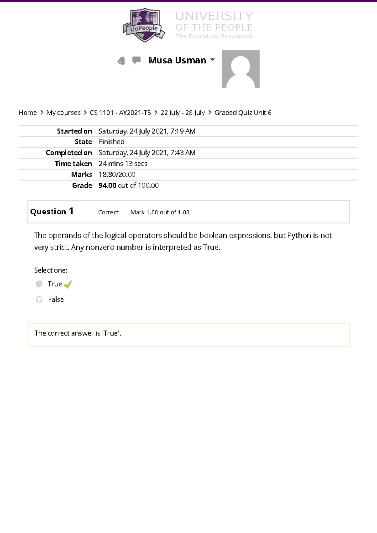 Graded Quiz Unit 6 Attempt review Cs 1101 - Started on Saturday, 24 July 2021, 7:19 AM State ...