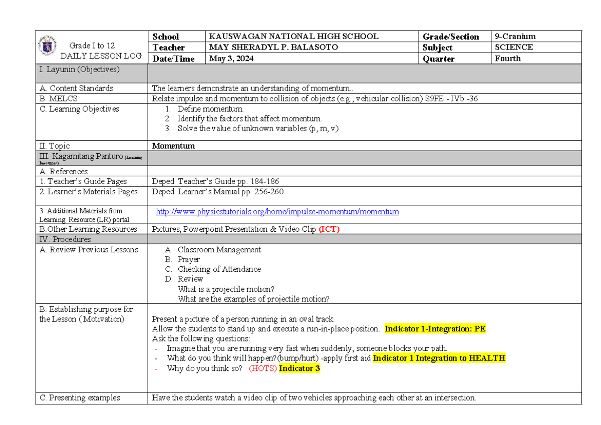 Lesson PLAN Momentum 2023 - Grade I to 12 DAILY LESSON LOG School ...
