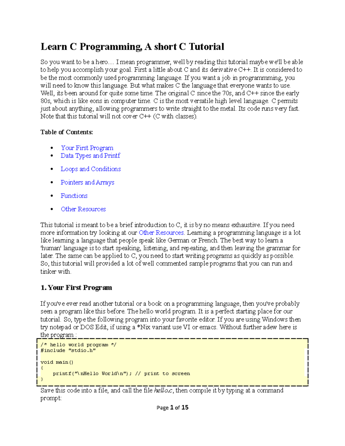 BSD 2304 C programming tutorial document - Learn C Programming, A short ...