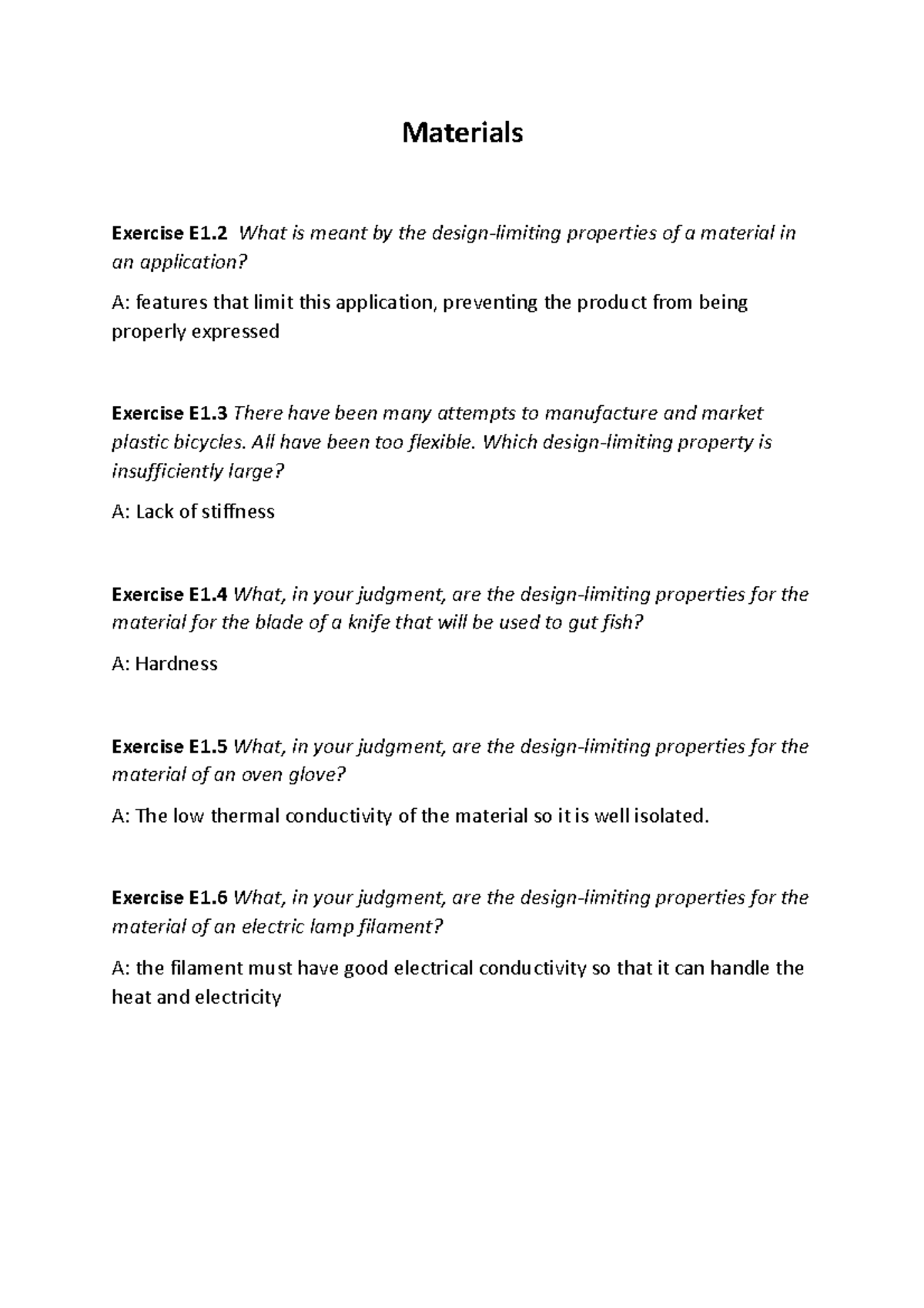 Materials Exercises - ahhhhhh - Materials Exercise E1 What is meant by ...