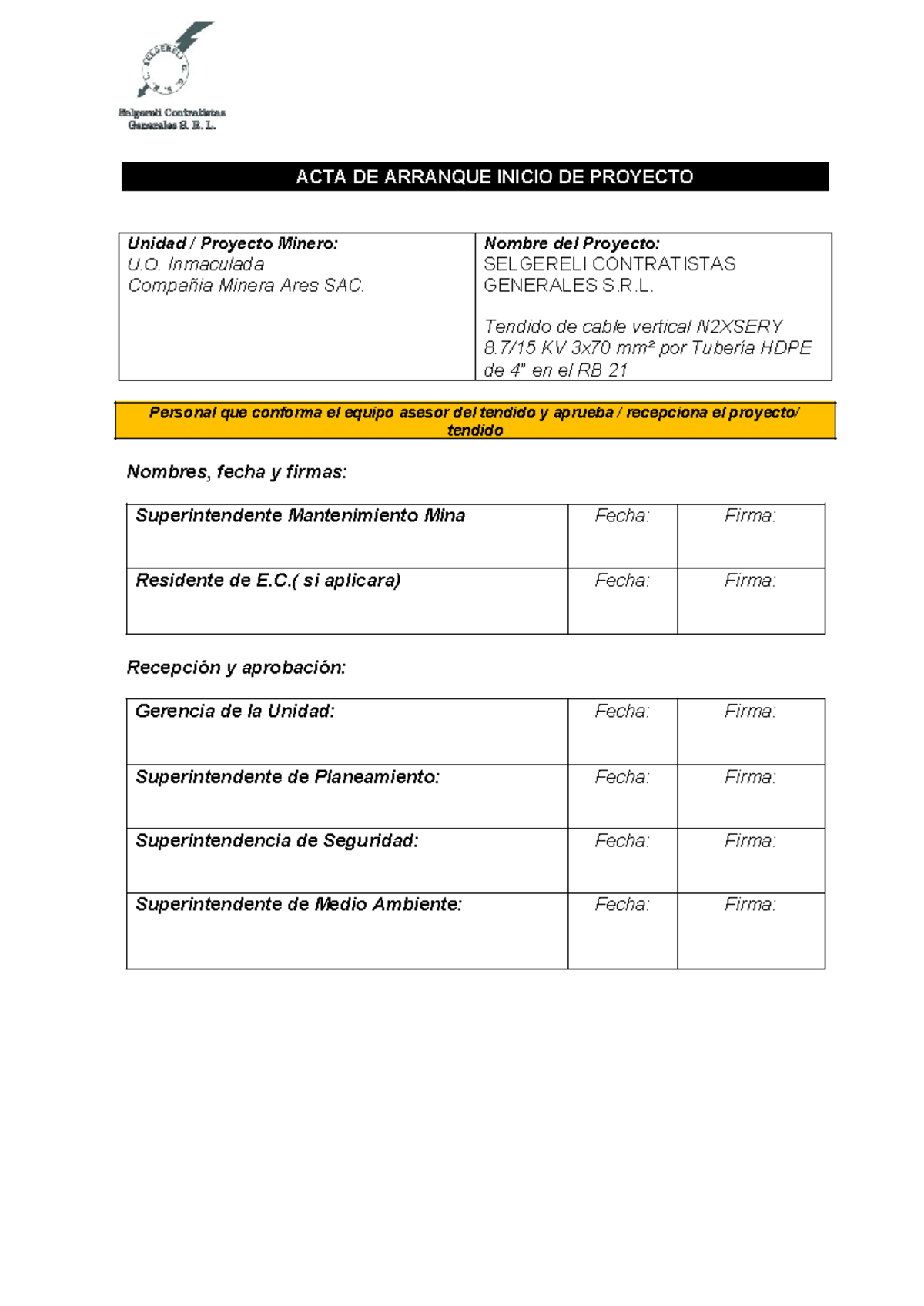ACTA DE Arranque DEL Proyecto DE Tendido - ACTA DE ARRANQUE INICIO DE ...