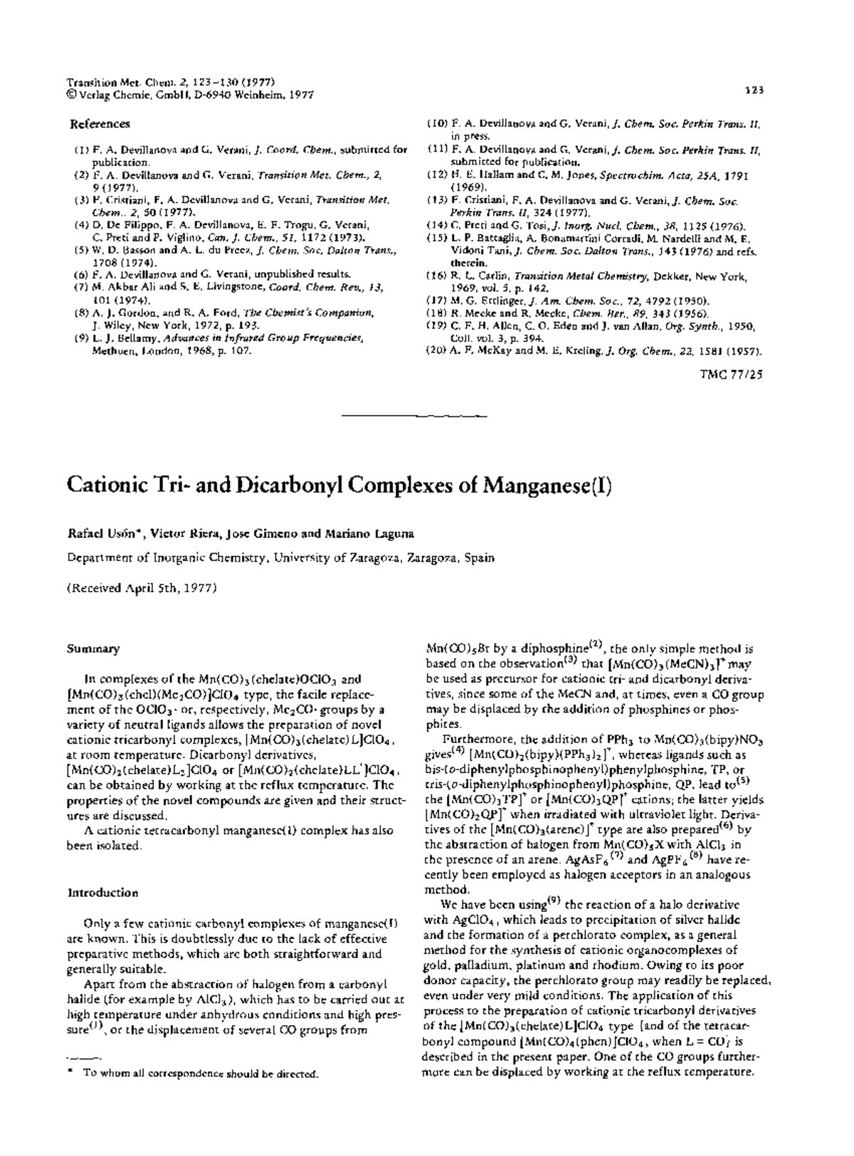 Cationic tri and dicarbonyl complexes of - Transition Met. Chem. 2, 123 ...