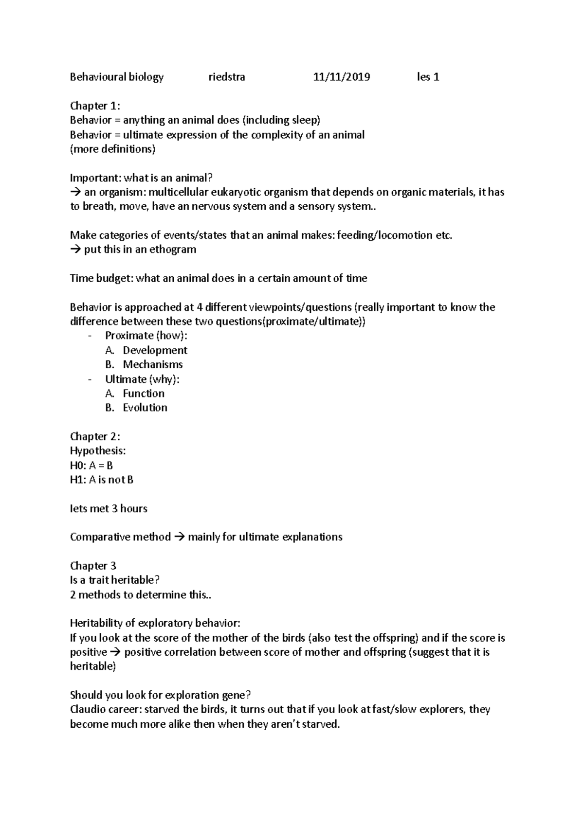 Behavioural biology les 1 - Behavioural biology riedstra 11/11/2019 les ...