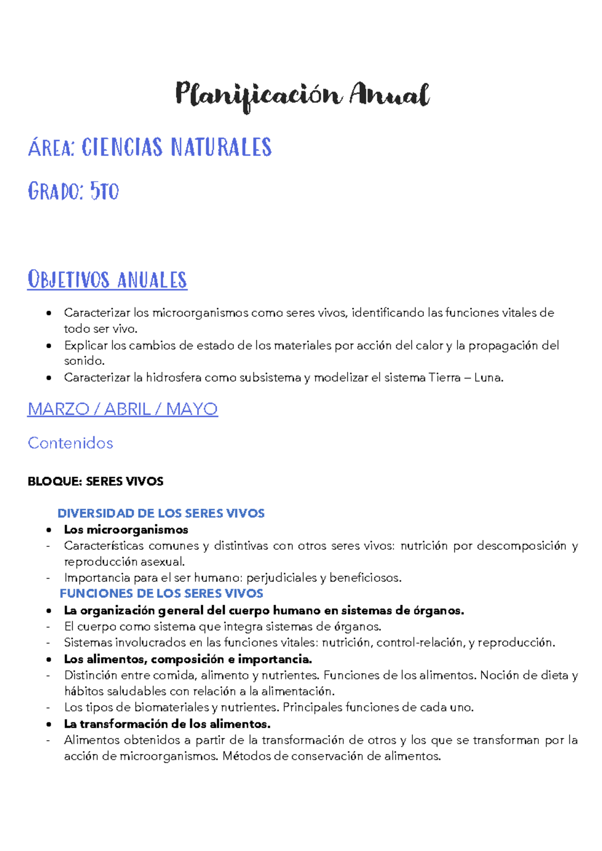 Planificacion Anual Ciencias Naturales Quinto - Planificación Anual ...