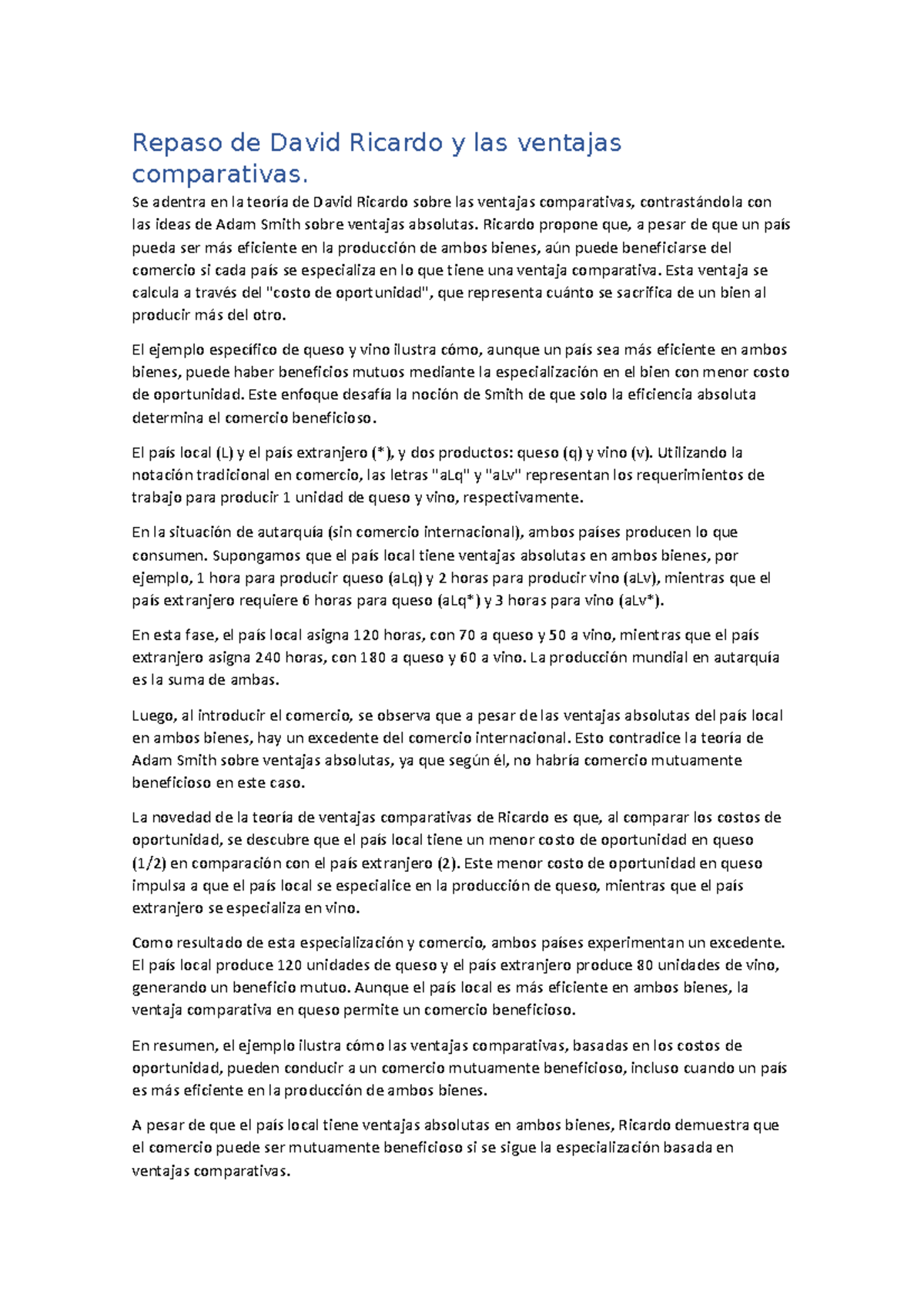 Resumen Bertoni - ventajas comparativas - Repaso de David Ricardo y las ...