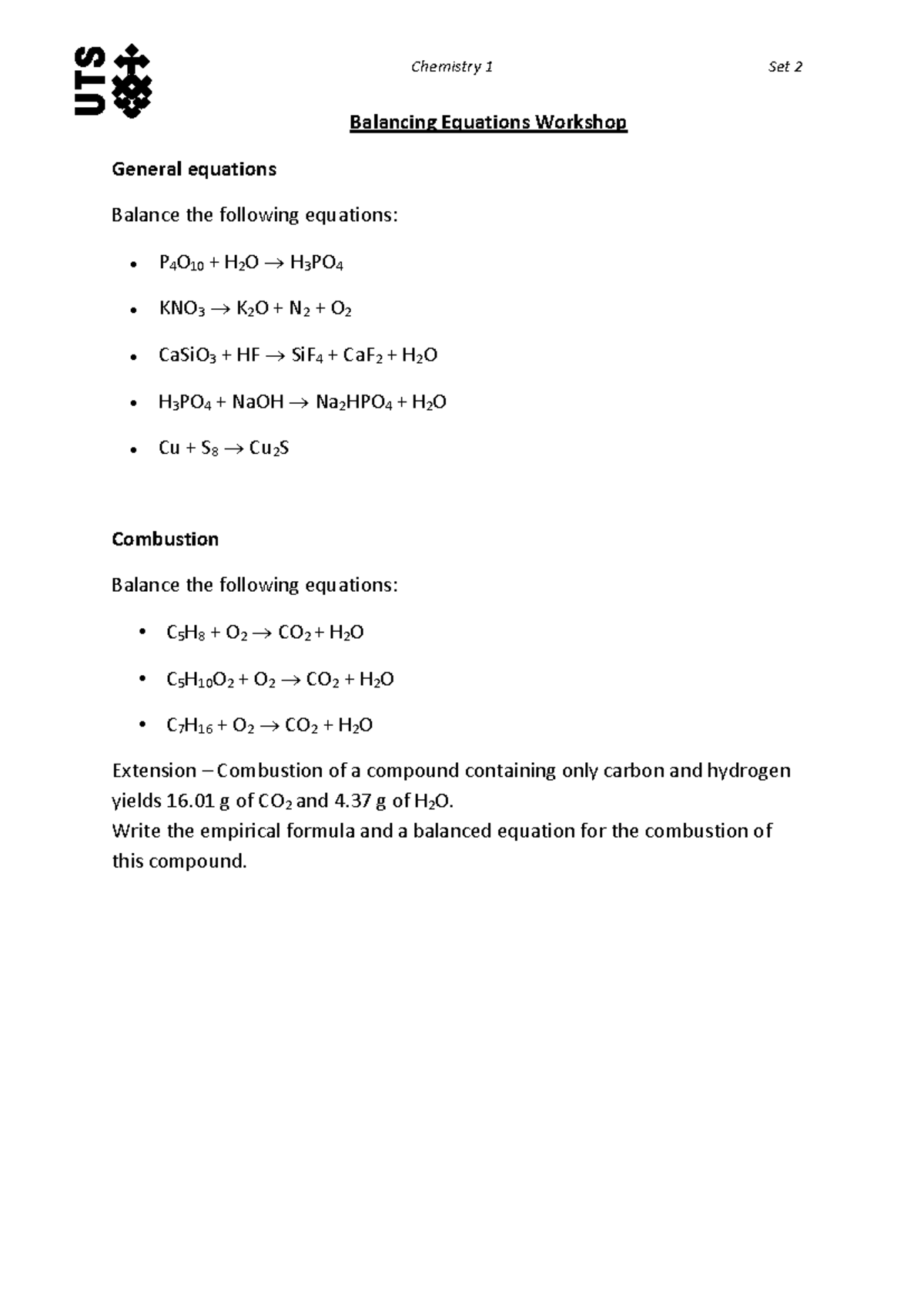 Balancing Equations Questions Set 2 - 065111 - Studocu