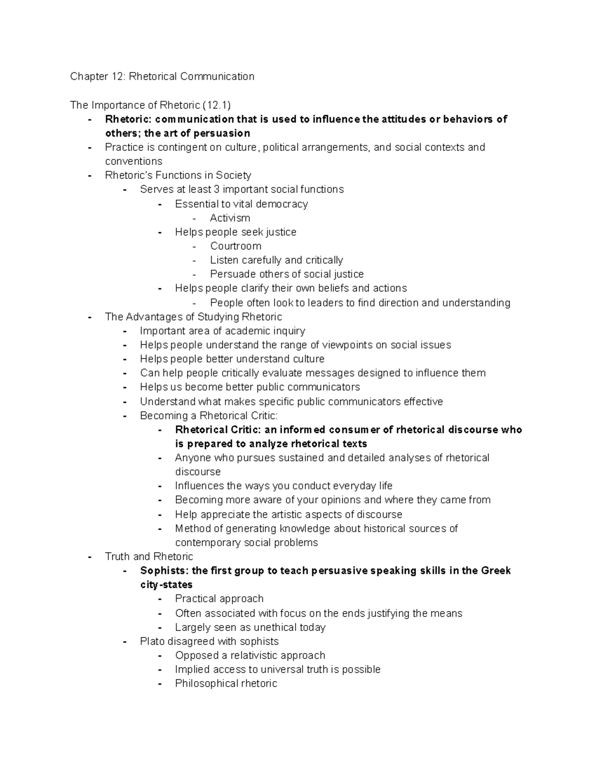 Com Chapter 12 Notes - Chapter 12: Rhetorical Communication The ...