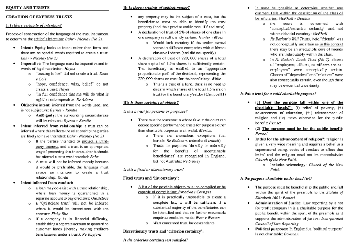 Equity flowchart - EQUITY AND TRUSTS CREATION OF EXPRESS TRUSTS I: Is ...