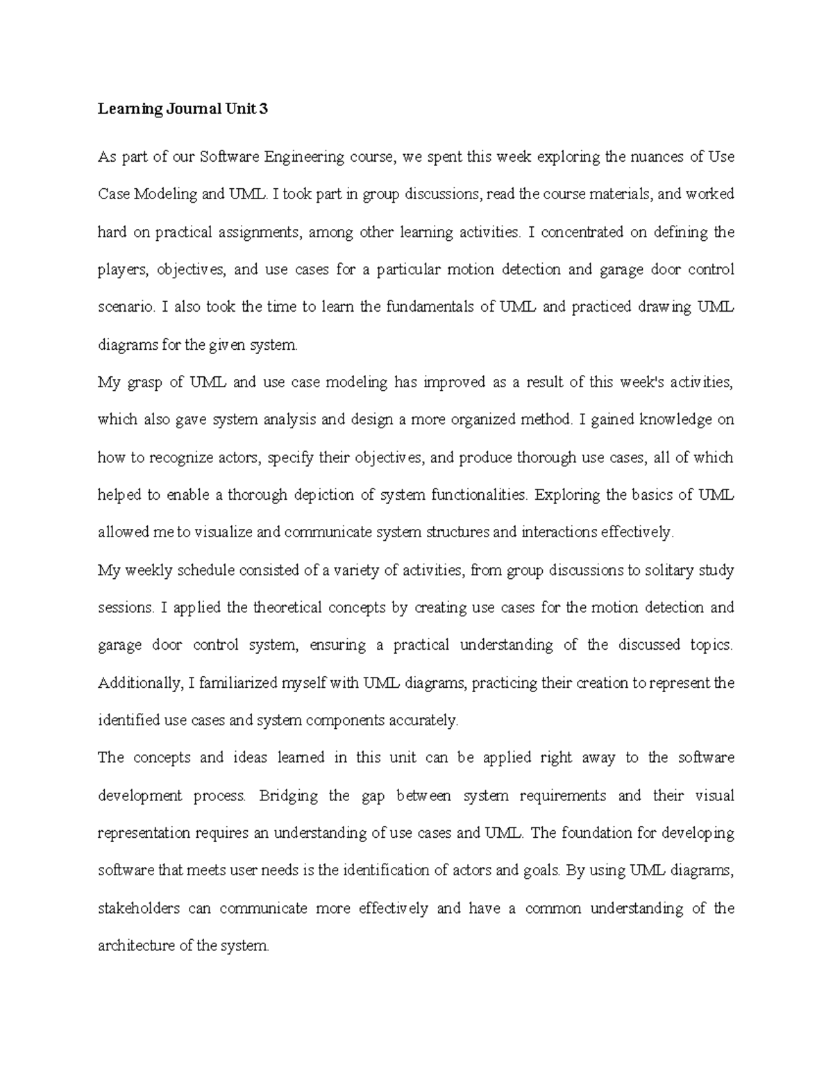Cs 2401 01 Software Engineering 1 Learning Journal Unit 3 Learning Journal Unit 3 As Part Of