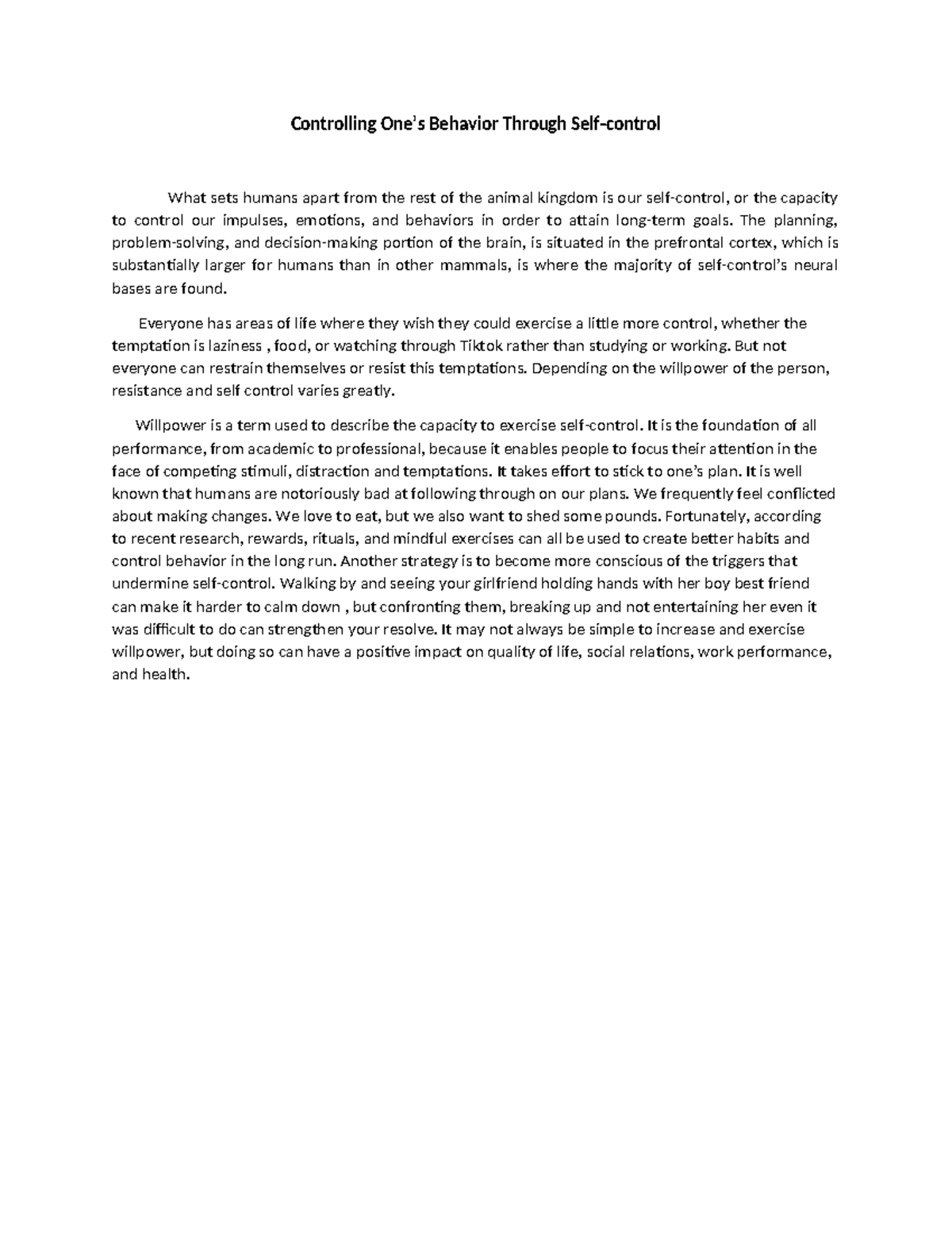 Informative Speech - Controlling One’s Behavior Through Self-control ...