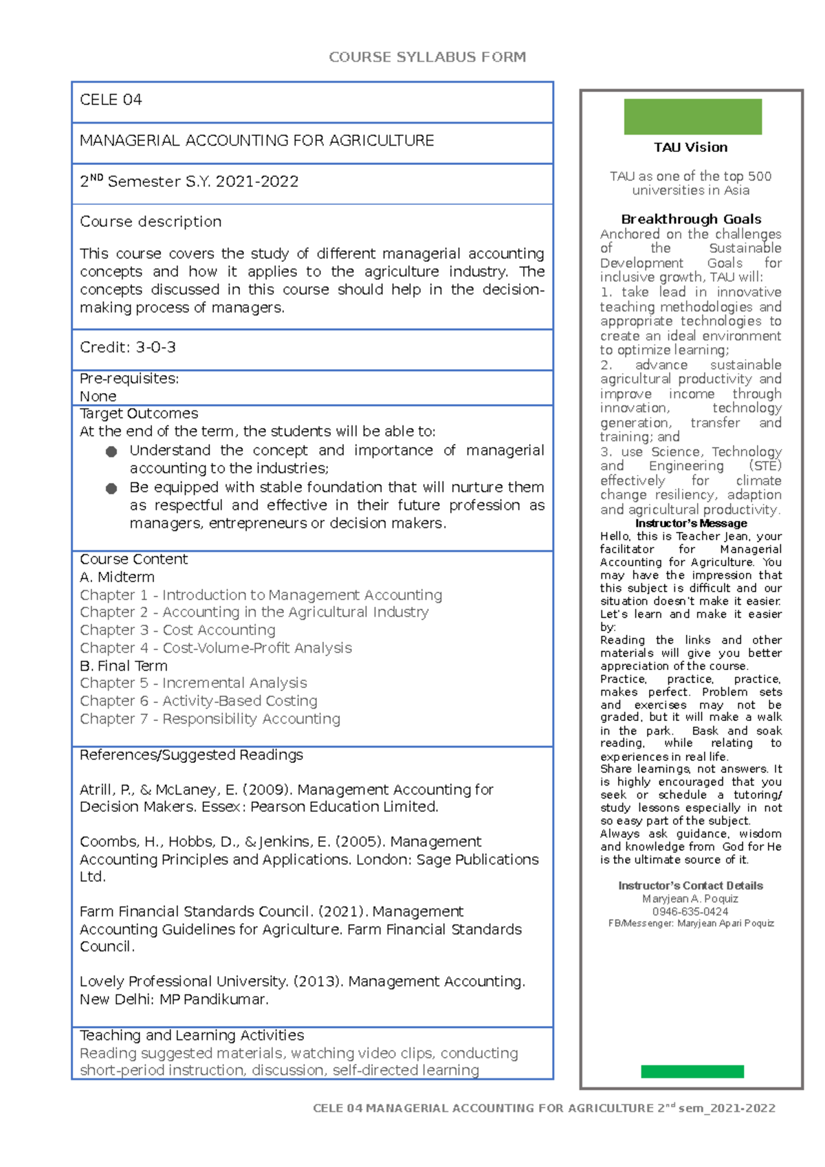 Microsyllabus Managerial Accounting for Agriculture BSBA FM 3C BSBA FM ...
