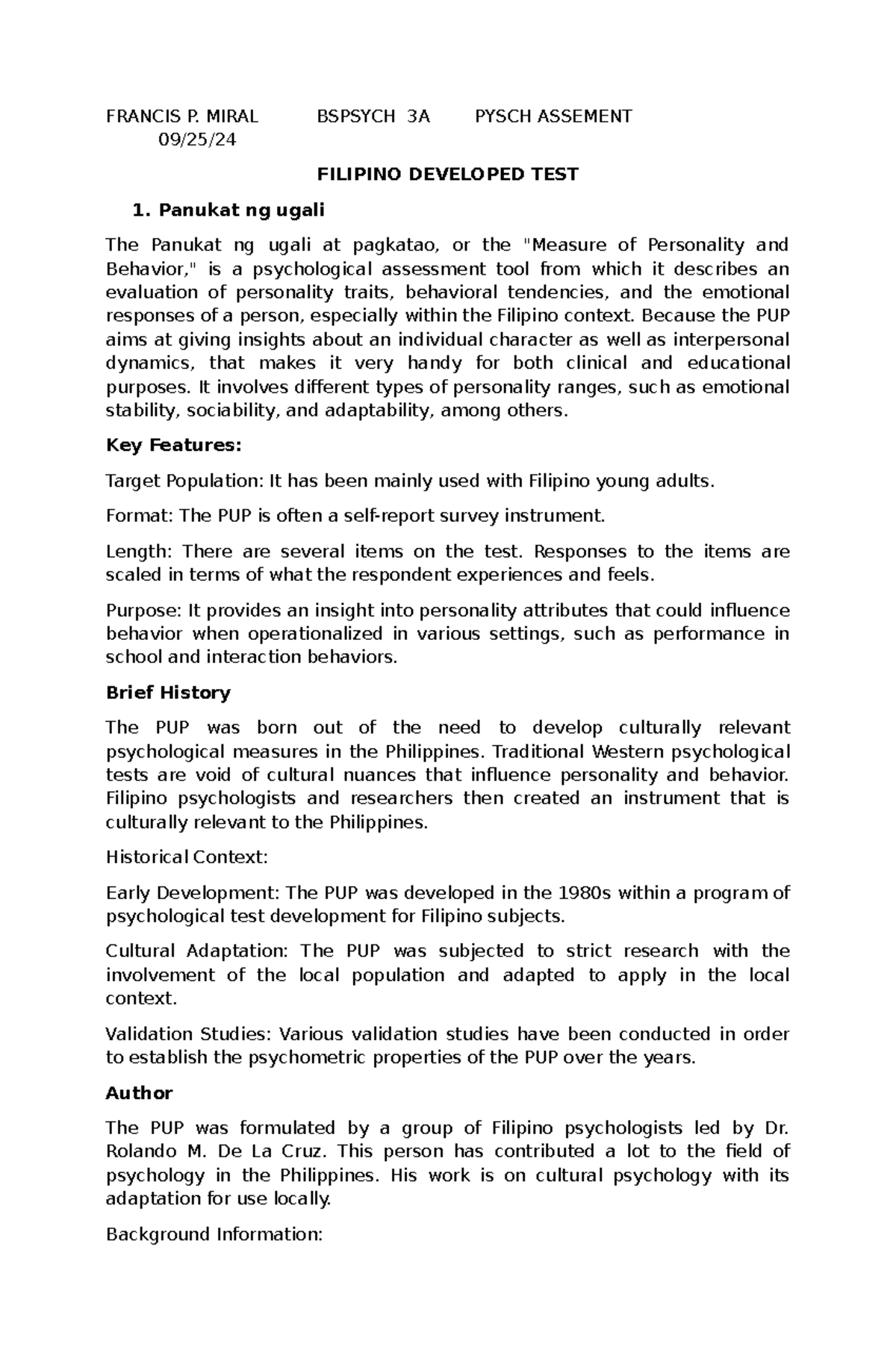 Filipino TEST - DSD - FRANCIS P. MIRAL BSPSYCH 3A PYSCH ASSEMENT 09/25 ...