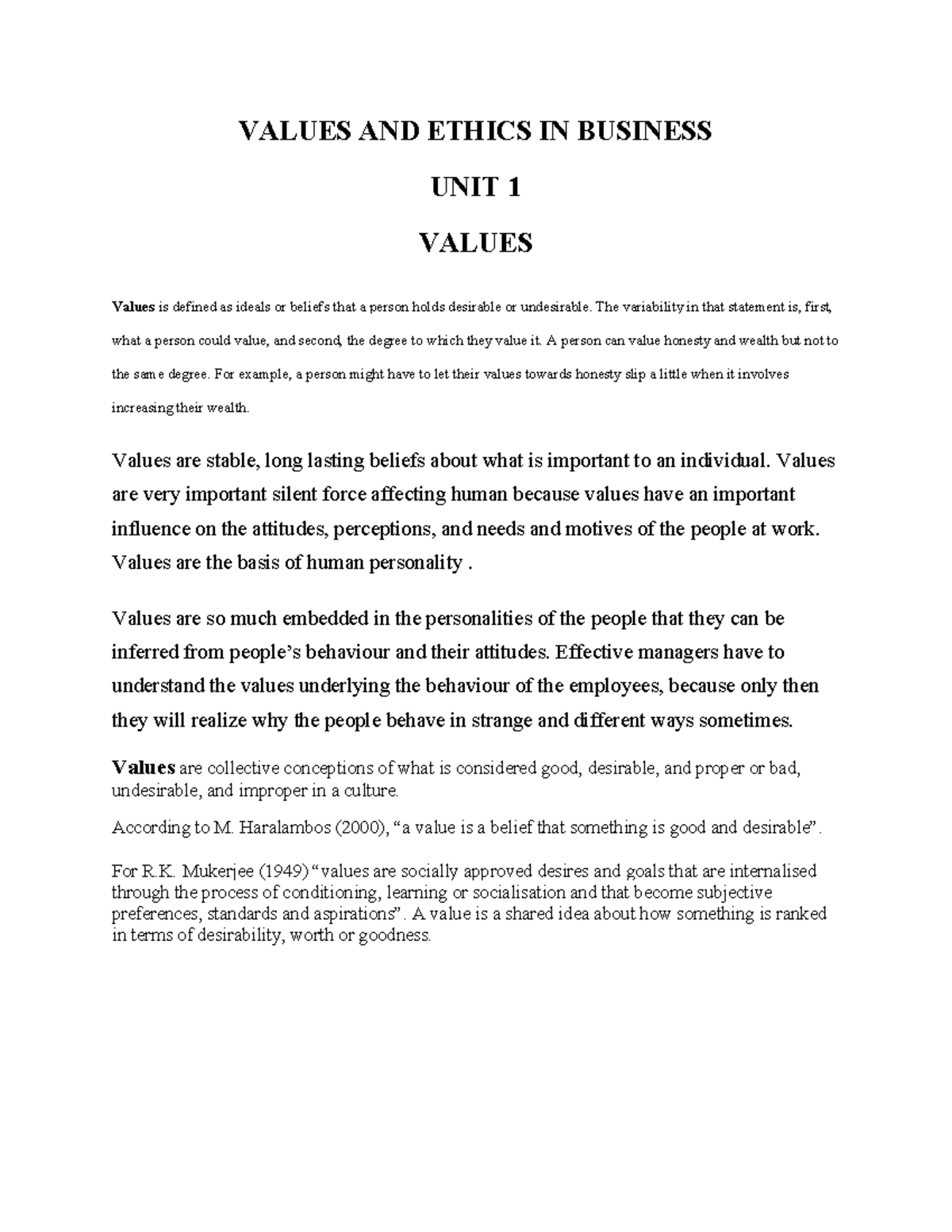 UNIT 1 - Lecture notes 5 - VALUES AND ETHICS IN BUSINESS UNIT 1 VALUES ...
