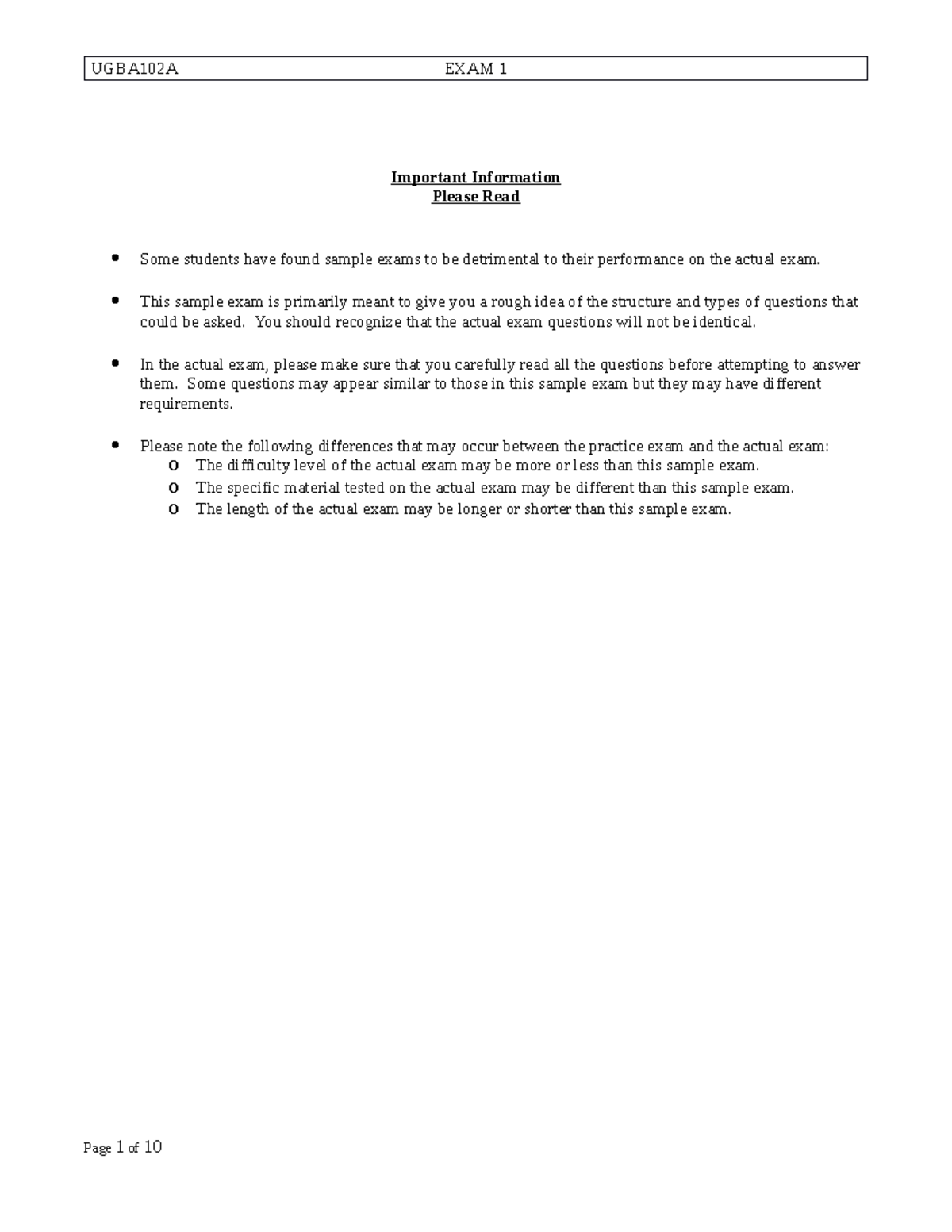 UGBA 102A Exam 1 Practice - Important Information Please Read Some ...