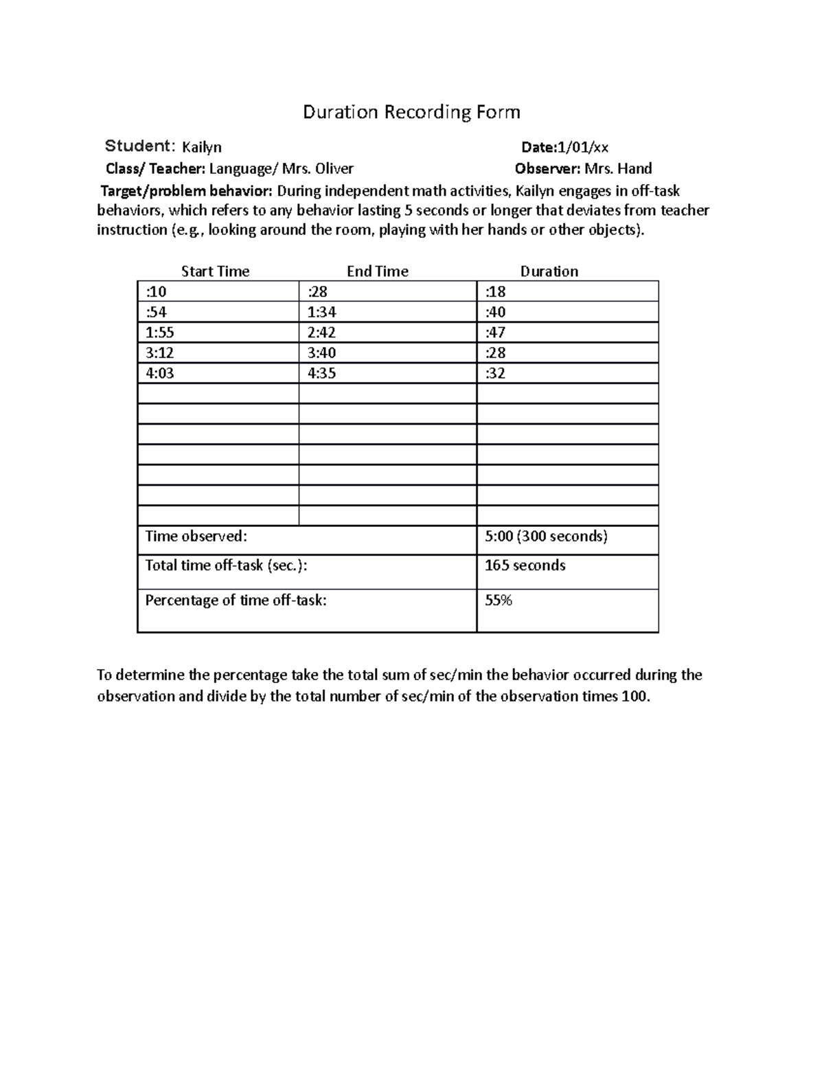 Duration Recording Form word - Duration Recording Form Student: Kailyn ...