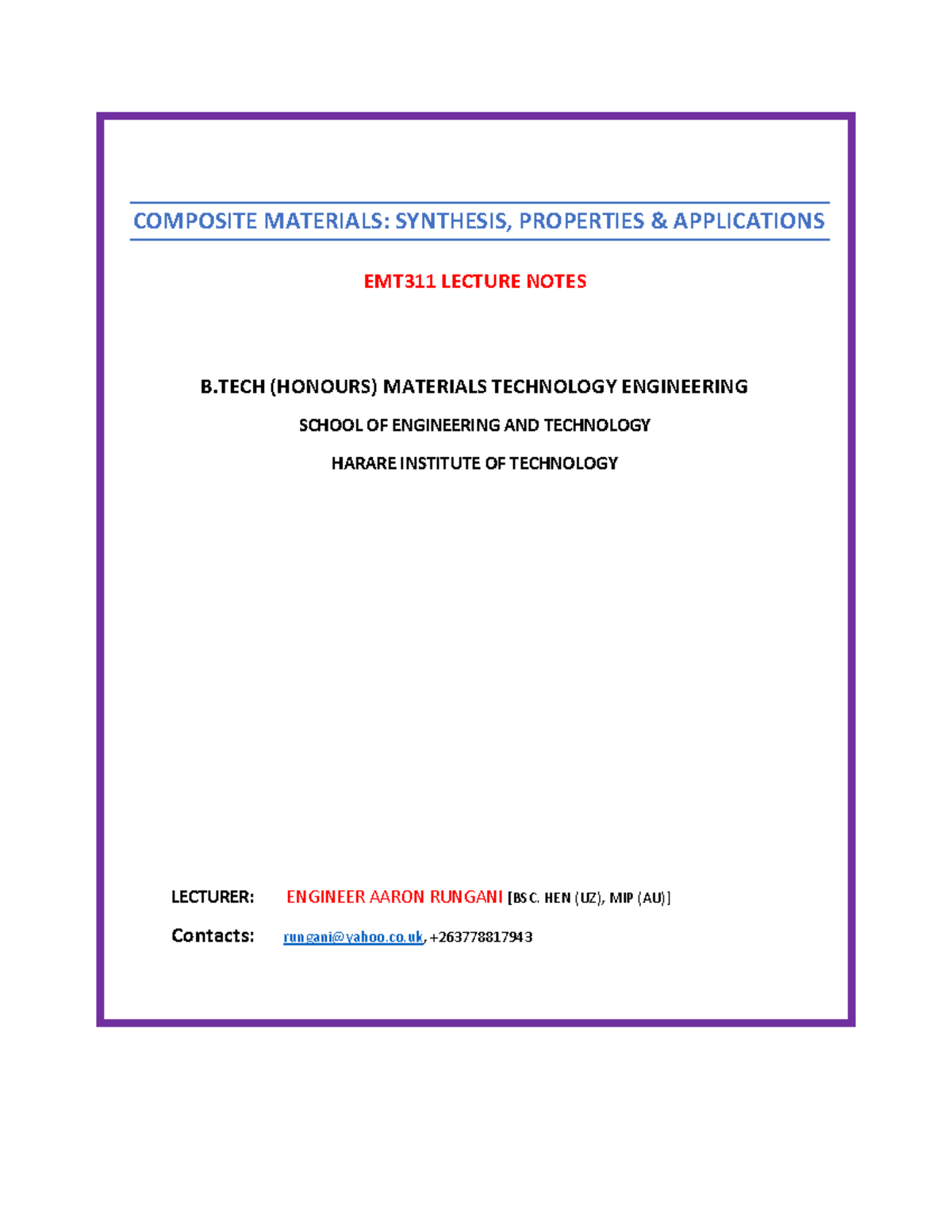 Composite Materials EMT311 Lecture Notes - COMPOSITE MATERIALS ...