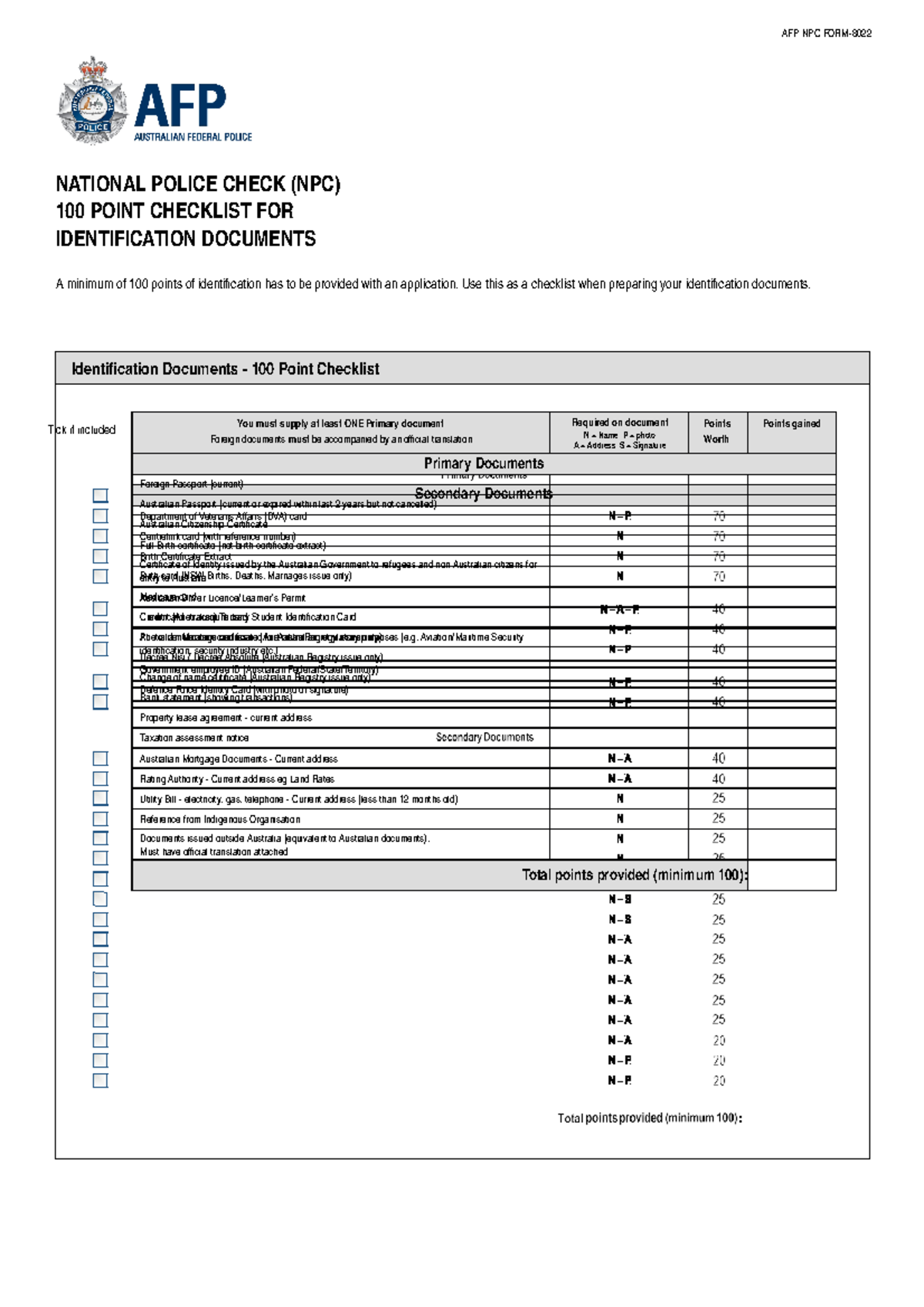 NPC- 100Point Checklist - 18042019 AAAAAA - AFP NPC FORM- NATIONAL ...