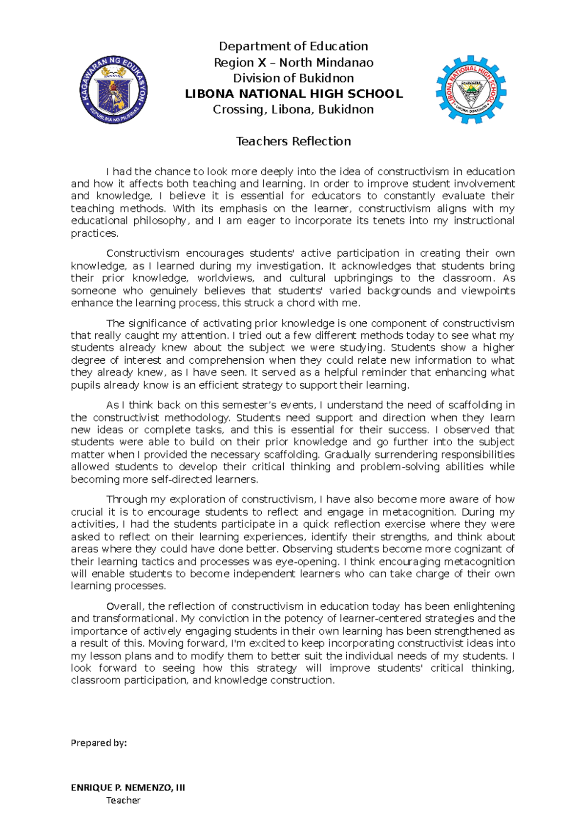 Reflective journal 3rd Q - Department of Education Region X – North ...