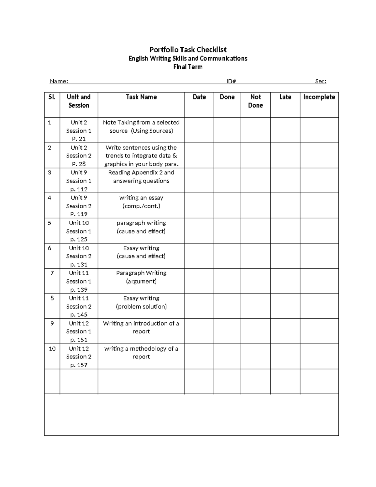 Portfolio checklist Final - Portfolio Task Checklist English Writing ...