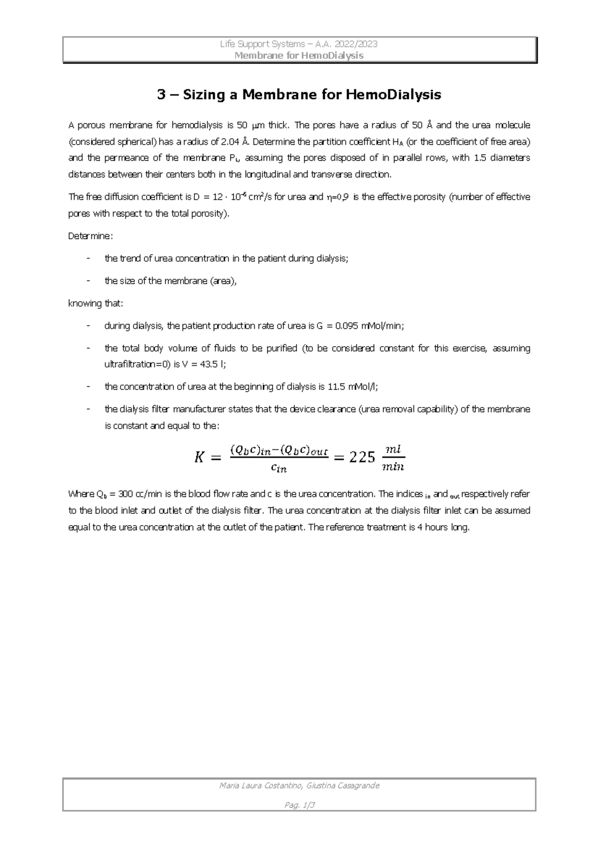 2023 LSS 3 - HD membrane - esercitazione - Life Support Systems – A ...